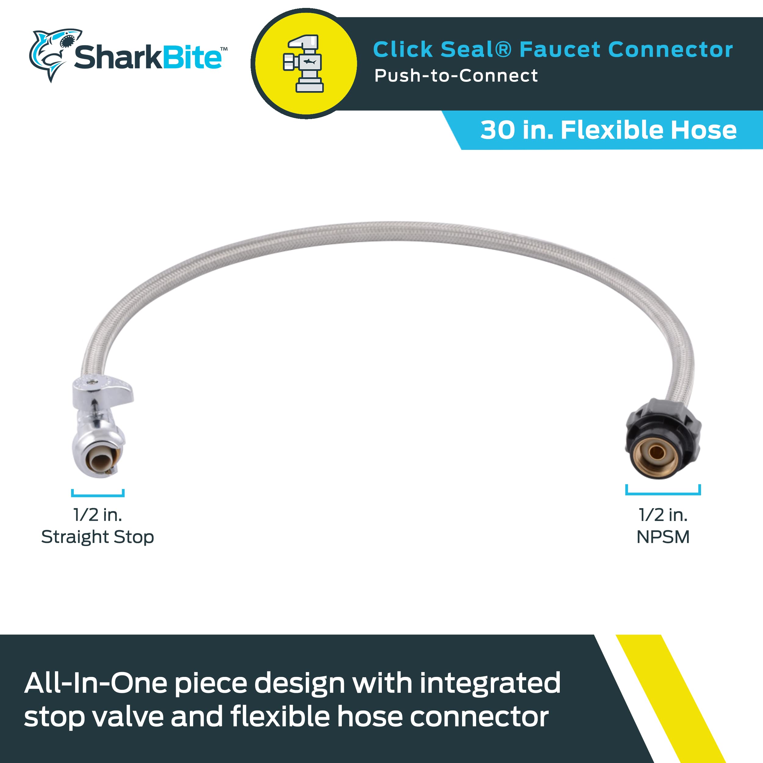 SharkBite 1/2 Inch Straight Stop x 1/2 Inch NPSM Click Seal Faucet Connector x 30 Inch, Push to Connect Brass Plumbing Fitting, PEX Pipe, Copper, CPVC, PE-RT, HDPE, 24687