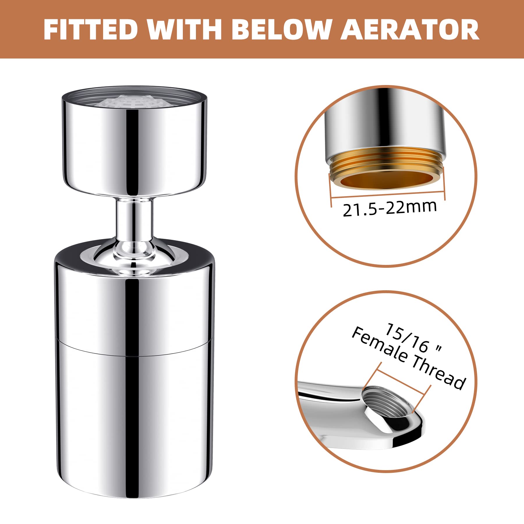 360 Degree Swivel Sink Faucet Aerator, Big Angle High Pressure Large Flow Aerator Dual Function Kitchen Faucet Aerator,55/64 Inch Female Thread Polished Chrome