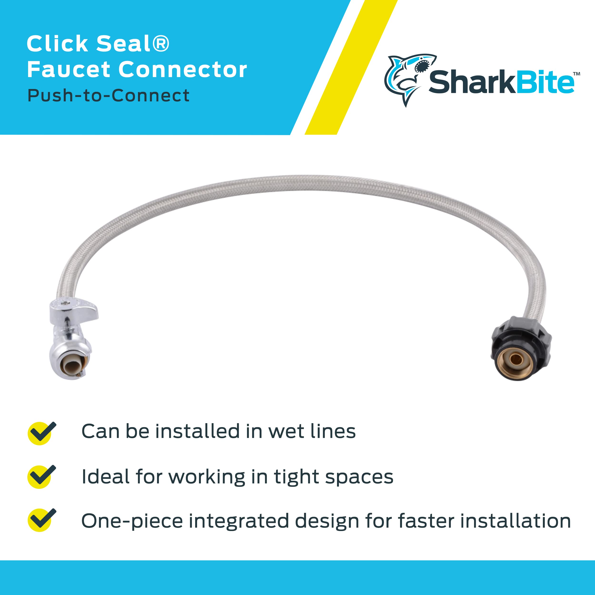 SharkBite 1/2 Inch Straight Stop x 1/2 Inch NPSM Click Seal Faucet Connector x 30 Inch, Push to Connect Brass Plumbing Fitting, PEX Pipe, Copper, CPVC, PE-RT, HDPE, 24687