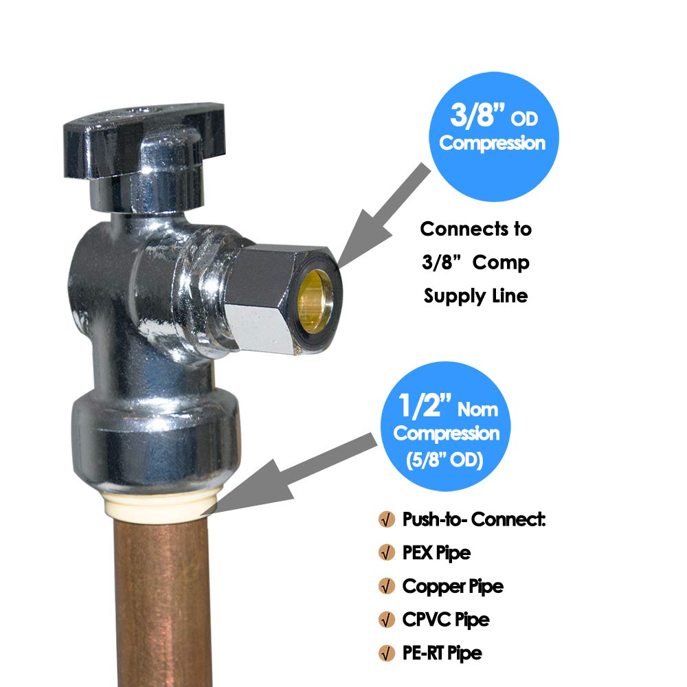 HQMPC Push Fit Angle Stop Valve 1/2" Push-fit x 3/8" OD Compression No Pb Brass Angle Stop Valve Shut Off Valve Angel Stop Valve Compression And Pex Connect (2 Pack)