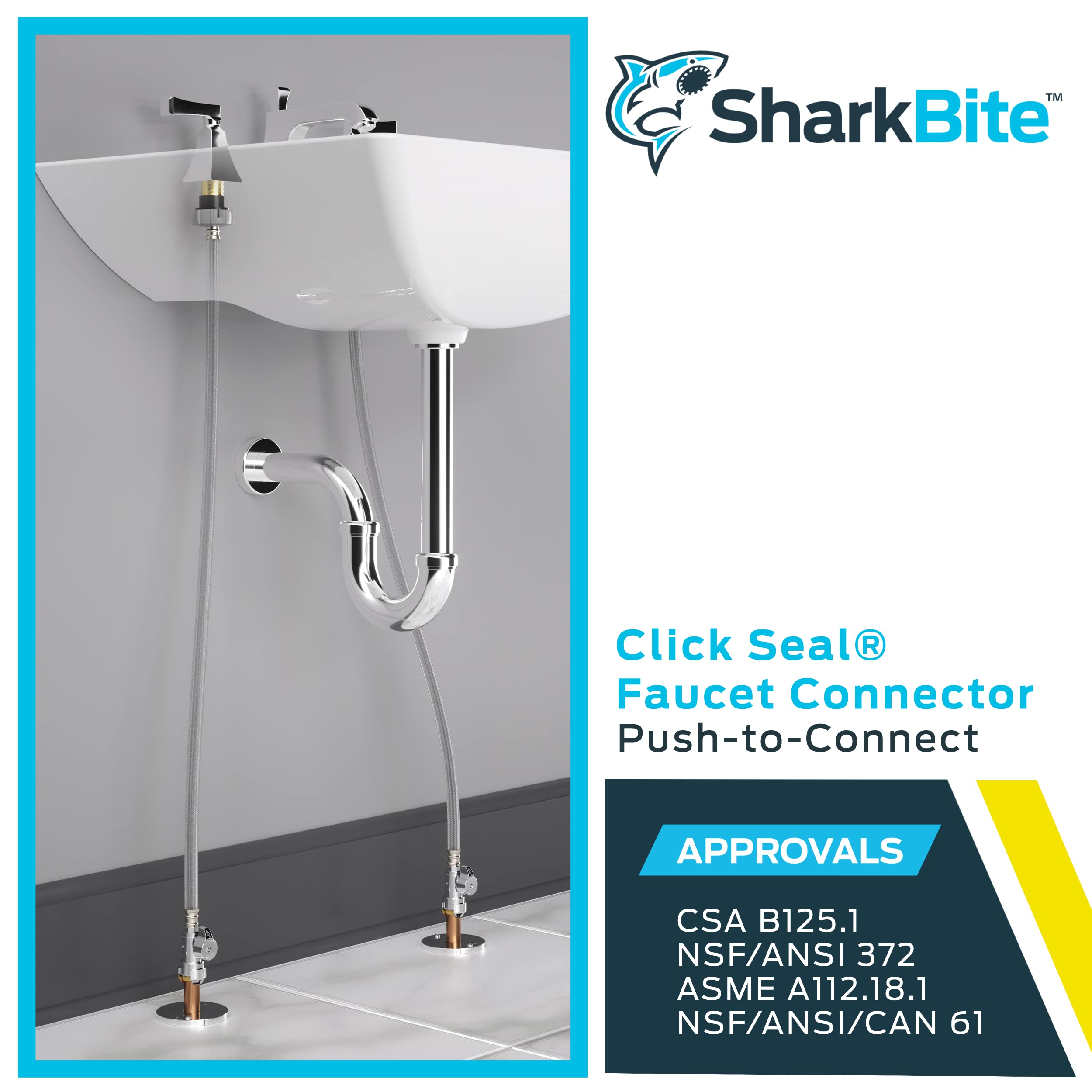 SharkBite 1/2 Inch Straight Stop x 7/8 Inch Ballcock Click Seal Toilet Connector x 16 Inch, Push to Connect Brass Plumbing Fitting, PEX Pipe, Copper, CPVC, PE-RT, HDPE, 24686