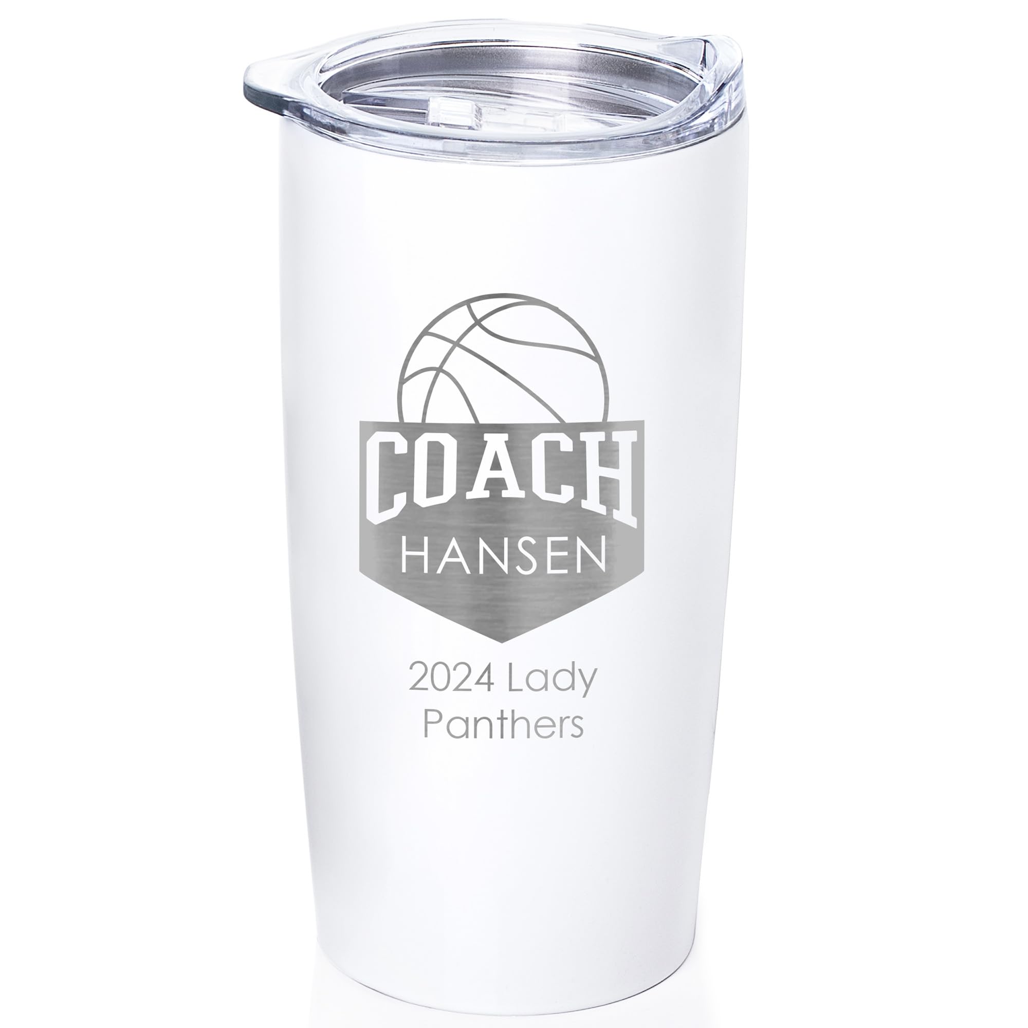 Lifetime Creations Personalized Basketball Coach Tumbler: Custom Basketball Coach Gift, Coaches Coffee Travel Mug from Team, Insulated Engraved Stainless Steel 20 Ounce Cup (White)
