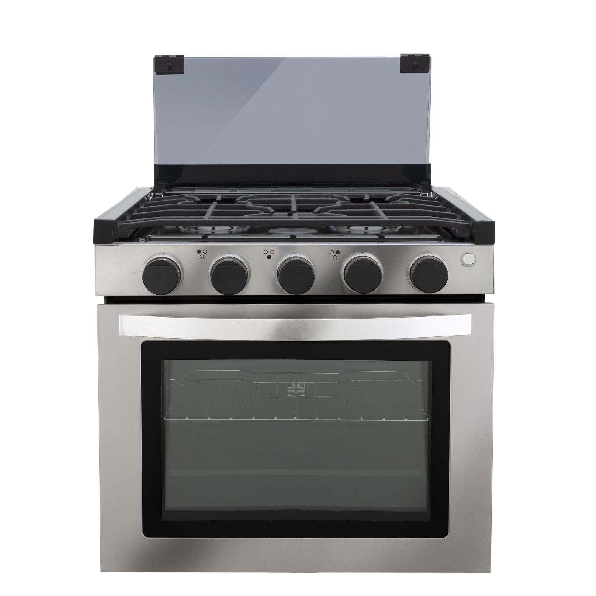 RecPro RV Stove Gas Range 21" Tall | 6500 and 8000 BTU Three Burner | 7100 BTU Oven with 1.8 Cu. Ft Capacity | Black or Stainless Steel Finish (Silver Version B, No Vented Range Hood)