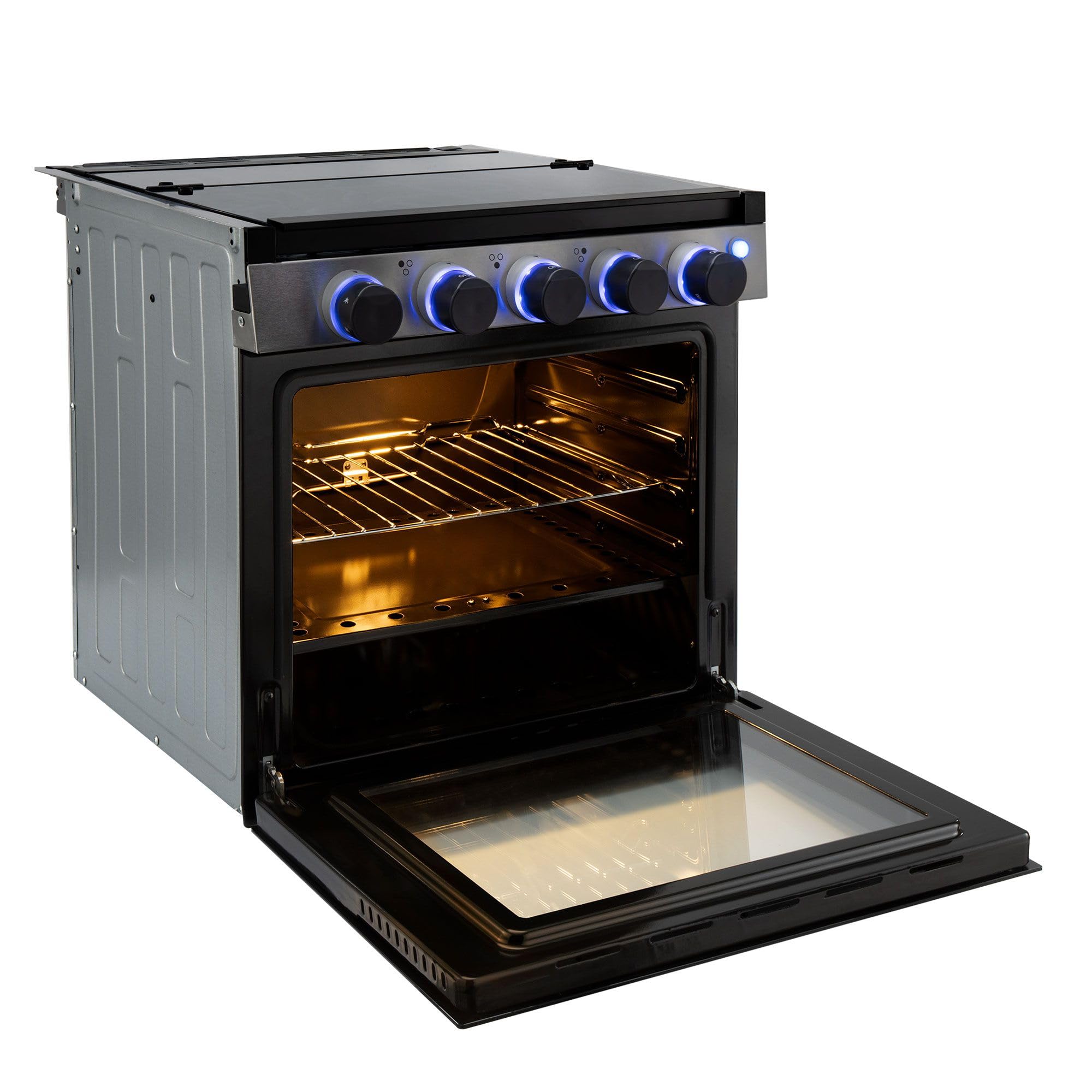 RecPro RV Stove Gas Range 21" Tall | 6500 and 8000 BTU Three Burner | 7100 BTU Oven with 1.8 Cu. Ft Capacity | Black or Stainless Steel Finish (Silver Version B, No Vented Range Hood)