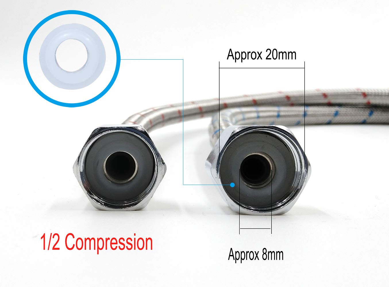 24-Inch Long Faucet Connector Braided Stainless Steel Supply Hose 1/2-Inch Female Compression Thread x M10 Male Connector, x 2 Pcs (1 Pair)