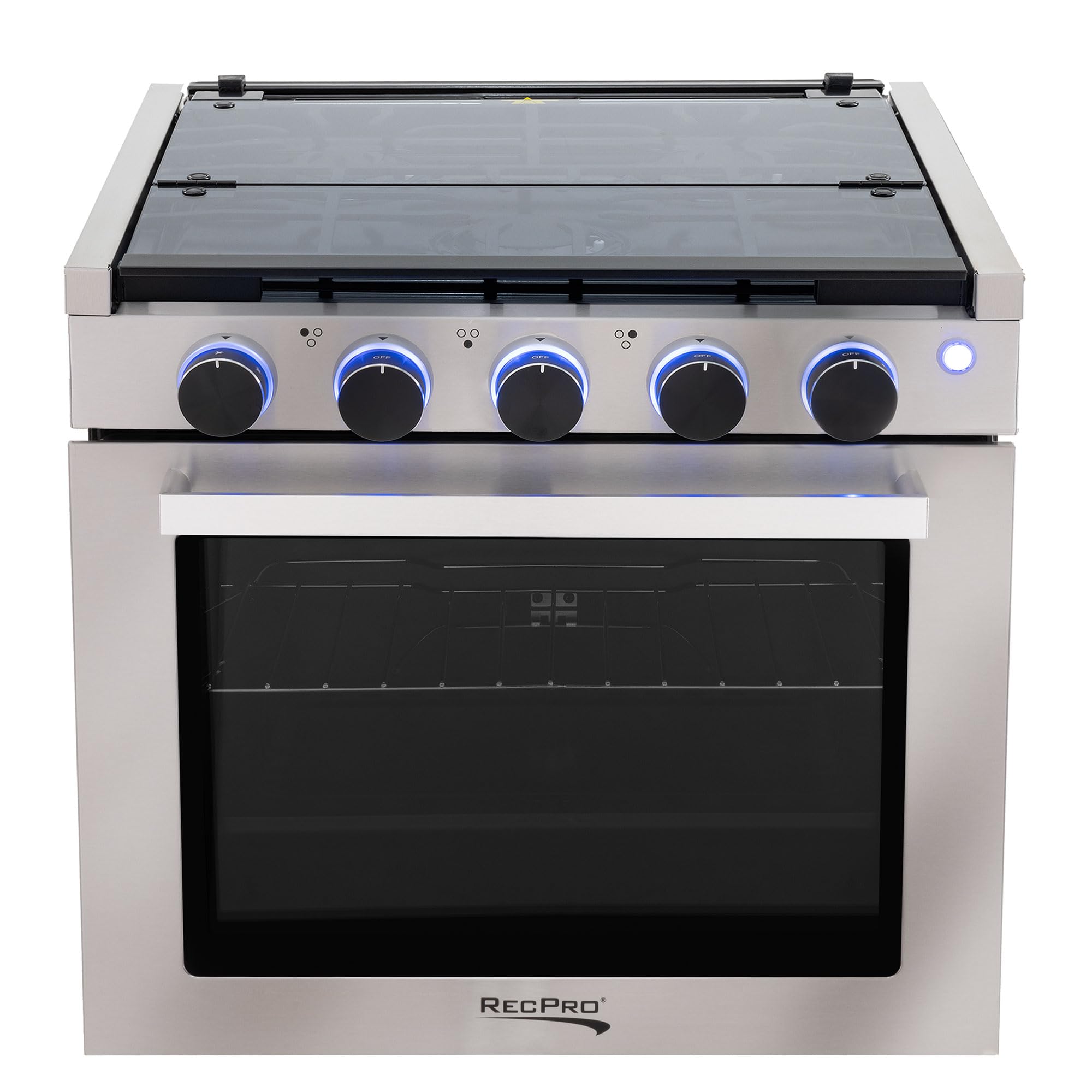 RecPro RV Stove Gas Range 21" Tall | 6500 and 8000 BTU Three Burner | 7100 BTU Oven with 1.8 Cu. Ft Capacity | Black or Stainless Steel Finish (Silver Version B, No Vented Range Hood)
