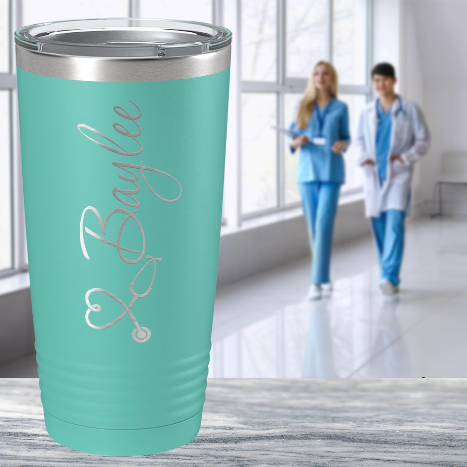 Personalized Heart Stethoscope Nurse, RN, LPN, CNA, CMA, MA Laser Engraved on Seafoam 20 oz Stainless Steel Tumbler with Lid - Insulated Cup - Travel Mug