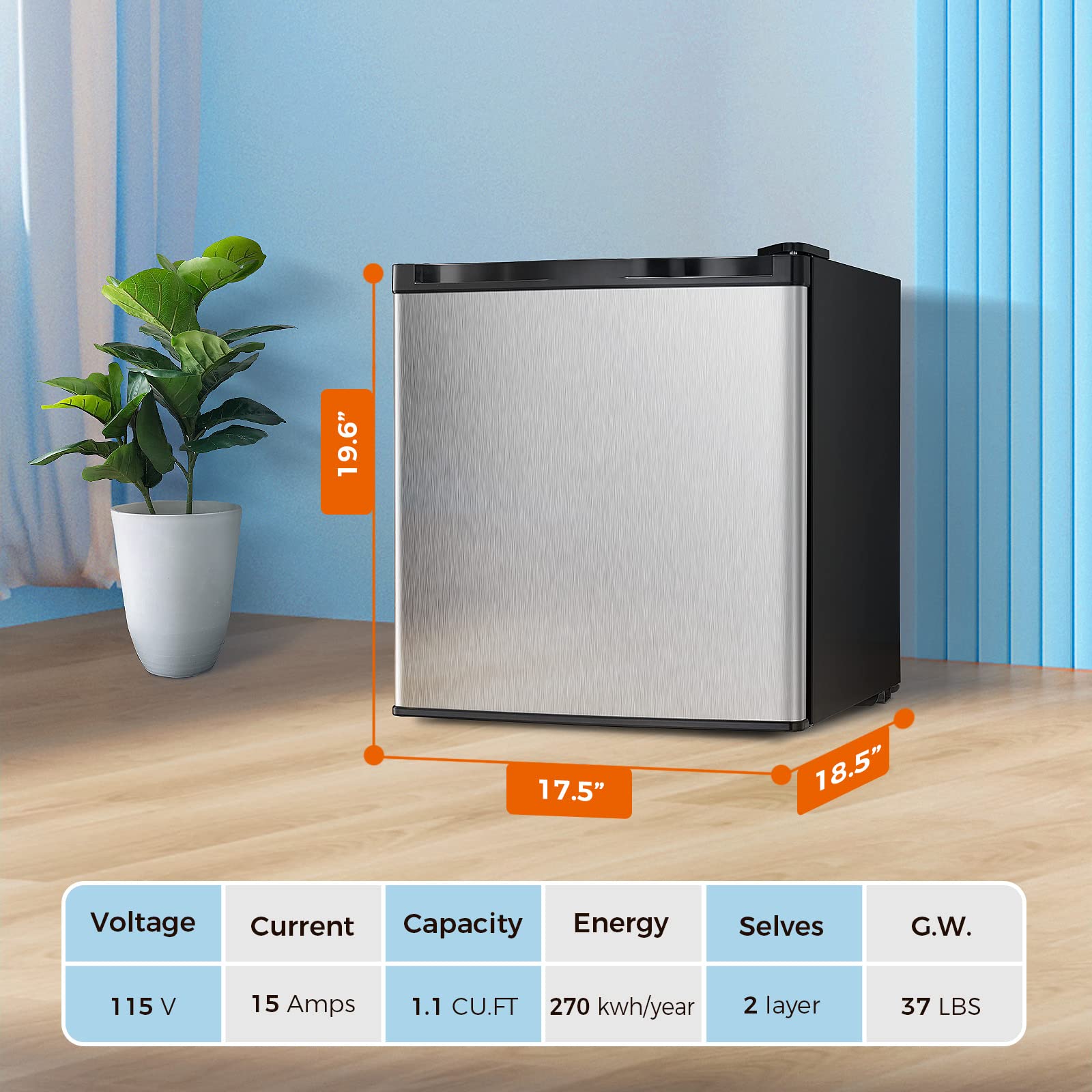 Kismile Mini Freezer,1.1 Cu.ft Upright Freezer with Reversible Single Door,Removable Shelves,Small Freezer with Adjustable Thermostat for Home/Kitchen/Office (Stainless Steel)