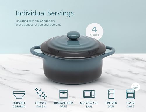 Kook Ceramic Mini Cocotte Set, Small Casserole Dishes with Lids and Handles, Individual Baking Ramekins, Oven, Microwave & Dishwasher Safe, Stoneware, 12 oz, Set of 4 (Stone Ombre)