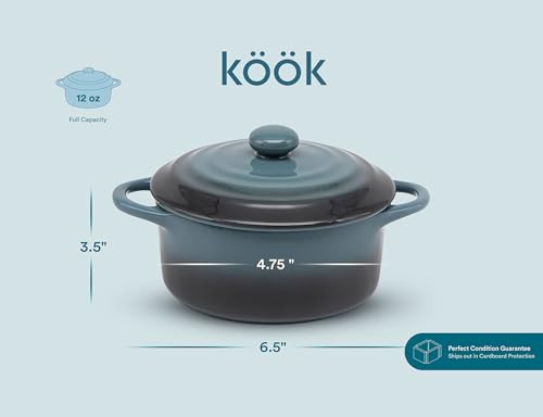 Kook Ceramic Mini Cocotte Set, Small Casserole Dishes with Lids and Handles, Individual Baking Ramekins, Oven, Microwave & Dishwasher Safe, Stoneware, 12 oz, Set of 4 (Stone Ombre)