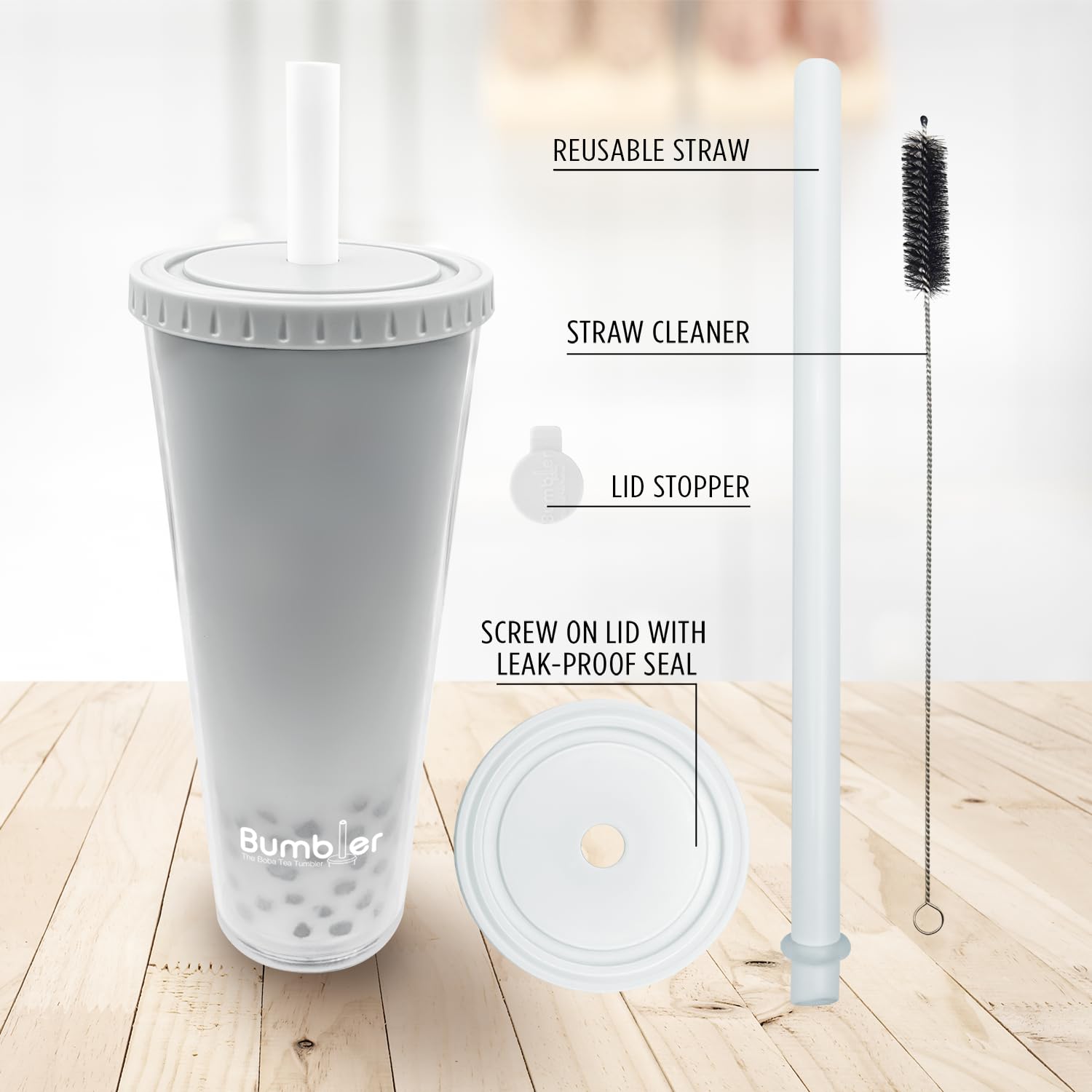 Bumbler 24oz Large Reusable Portable Eco-Friendly Tumbler | Drinking Cup with Wide Soft Tip Straw, Aesthetic Leak-Proof Lid – for Boba Tea, Smoothies, Iced Coffee, Hot or Cold Drinks – White