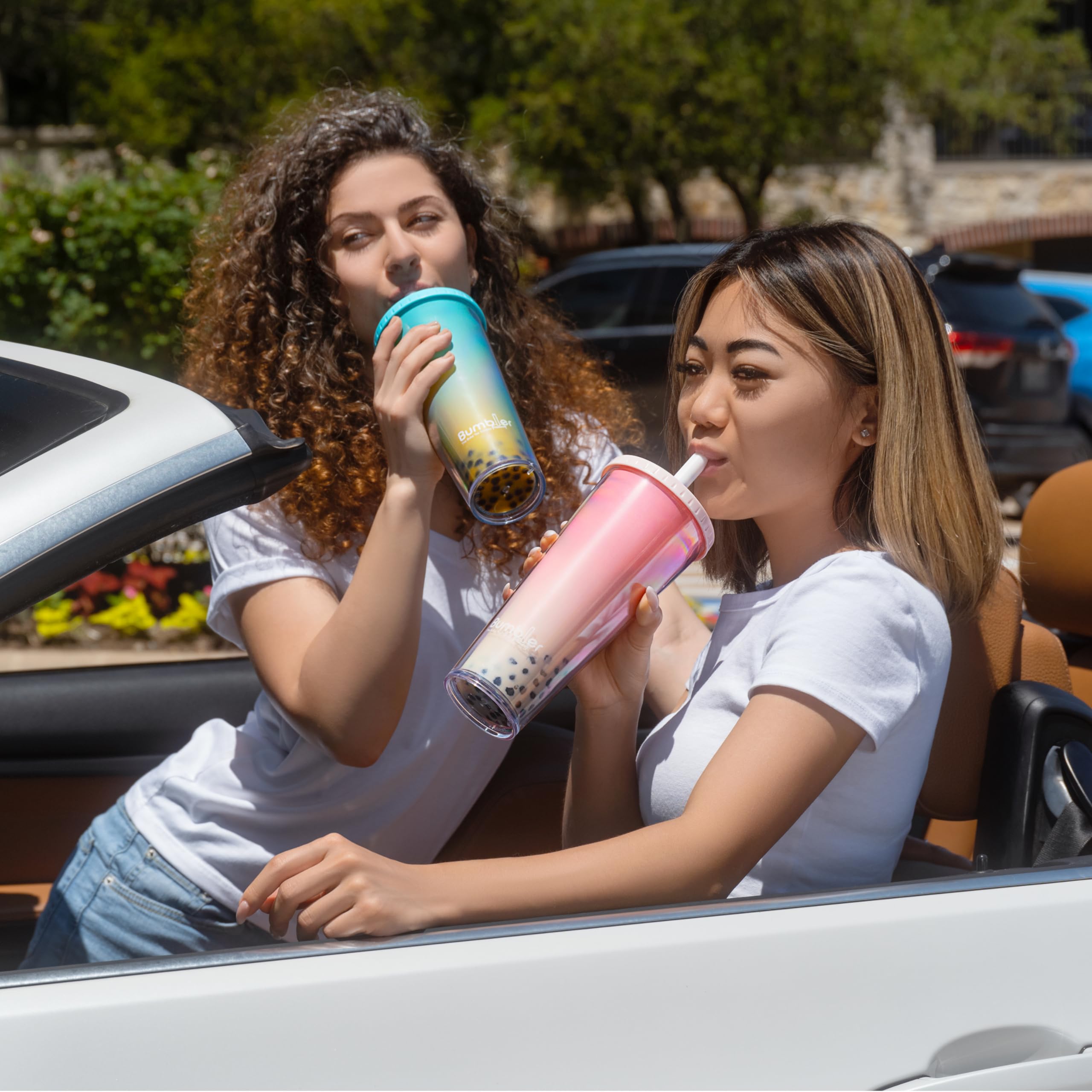 Bumbler 24oz Large Reusable Portable Eco-Friendly Tumbler | Drinking Cup with Wide Soft Tip Straw, Aesthetic Leak-Proof Lid – for Boba Tea, Smoothies, Iced Coffee, Hot or Cold Drinks – White