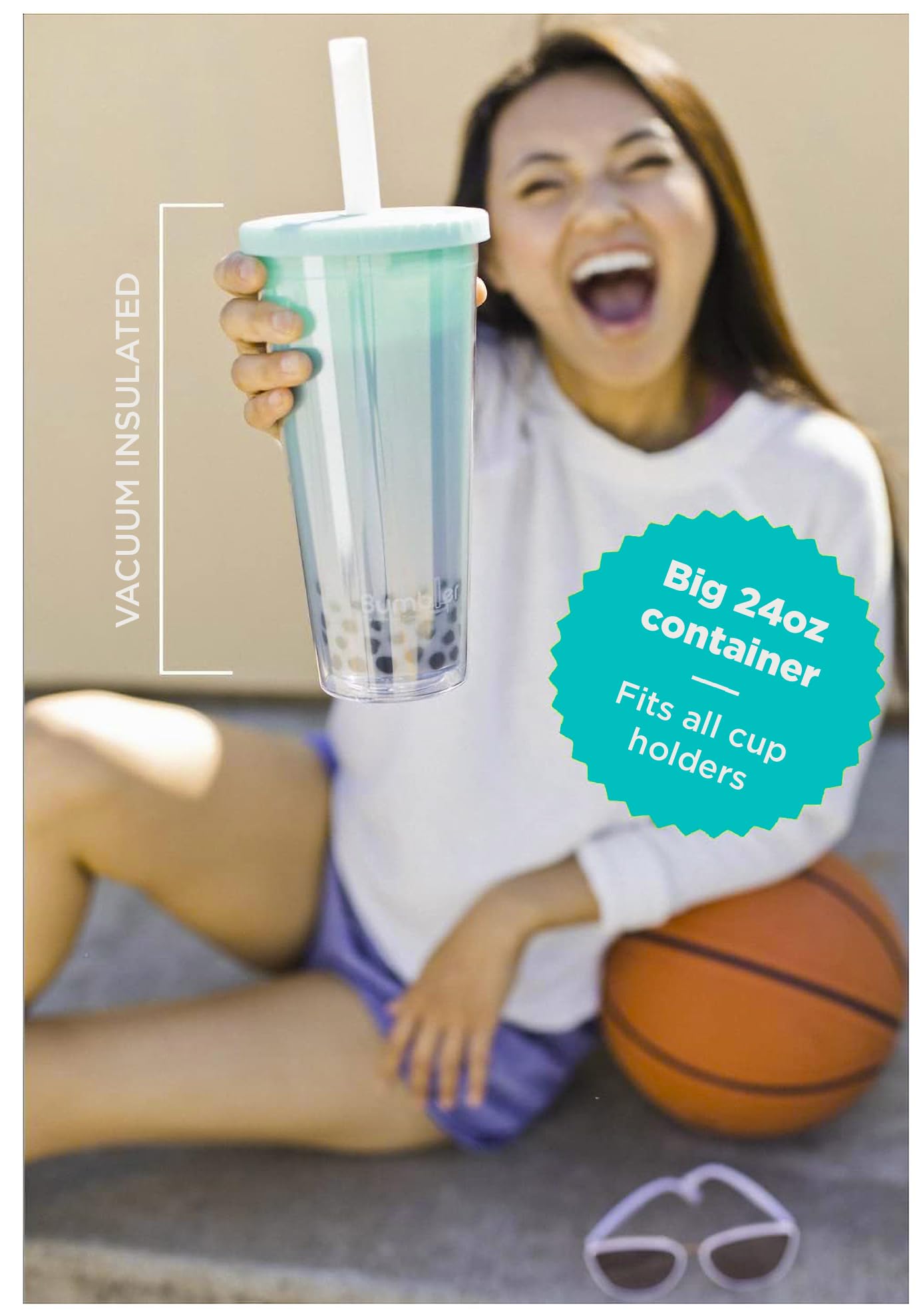 Bumbler 24oz Large Reusable Portable Eco-Friendly Tumbler | Drinking Cup with Wide Soft Tip Straw, Aesthetic Leak-Proof Lid – for Boba Tea, Smoothies, Iced Coffee, Hot or Cold Drinks – White