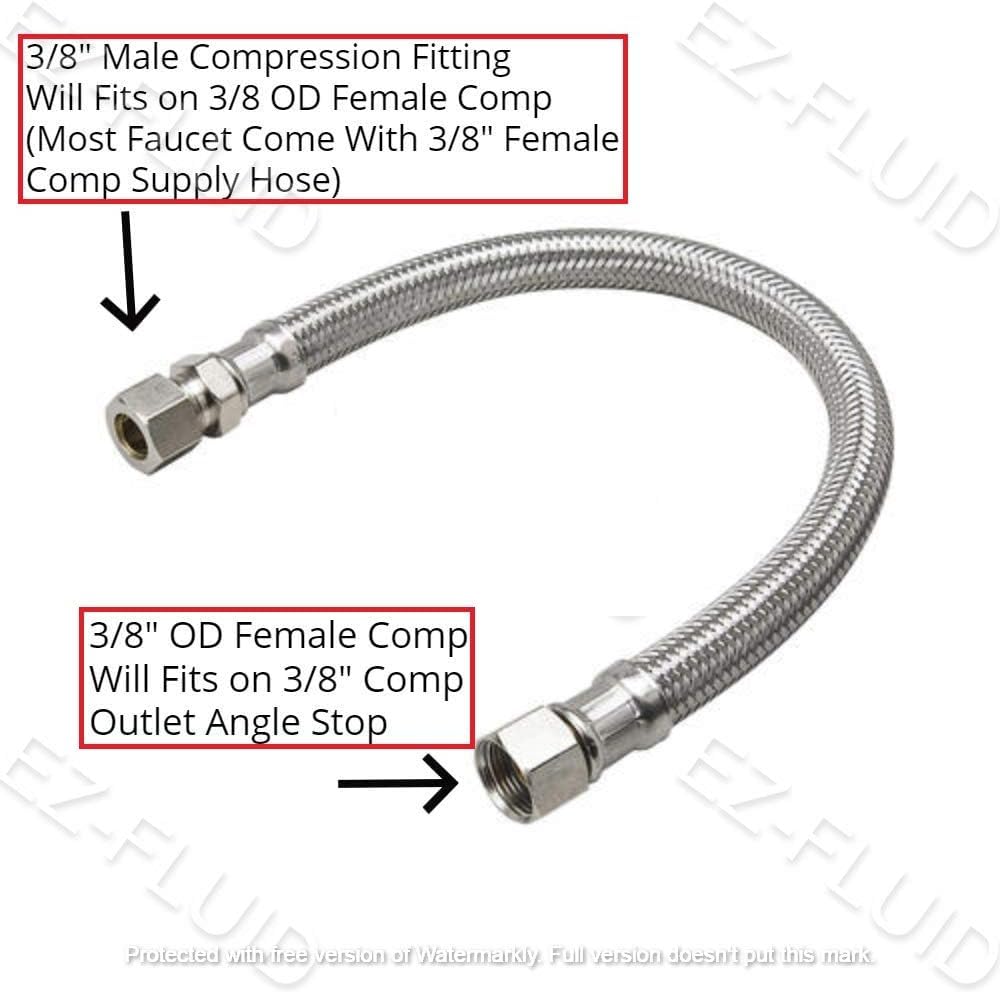 EZ-Fluid 12-Inches x 3/8-Inch Male Compression x 3/8-Inch Female Compression Stainless Steel Braided Faucet Connector,Faucet Extension Supply Hose Connector Lines (2)