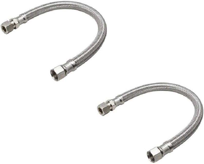 EZ-Fluid 12-Inches x 3/8-Inch Male Compression x 3/8-Inch Female Compression Stainless Steel Braided Faucet Connector,Faucet Extension Supply Hose Connector Lines (2)