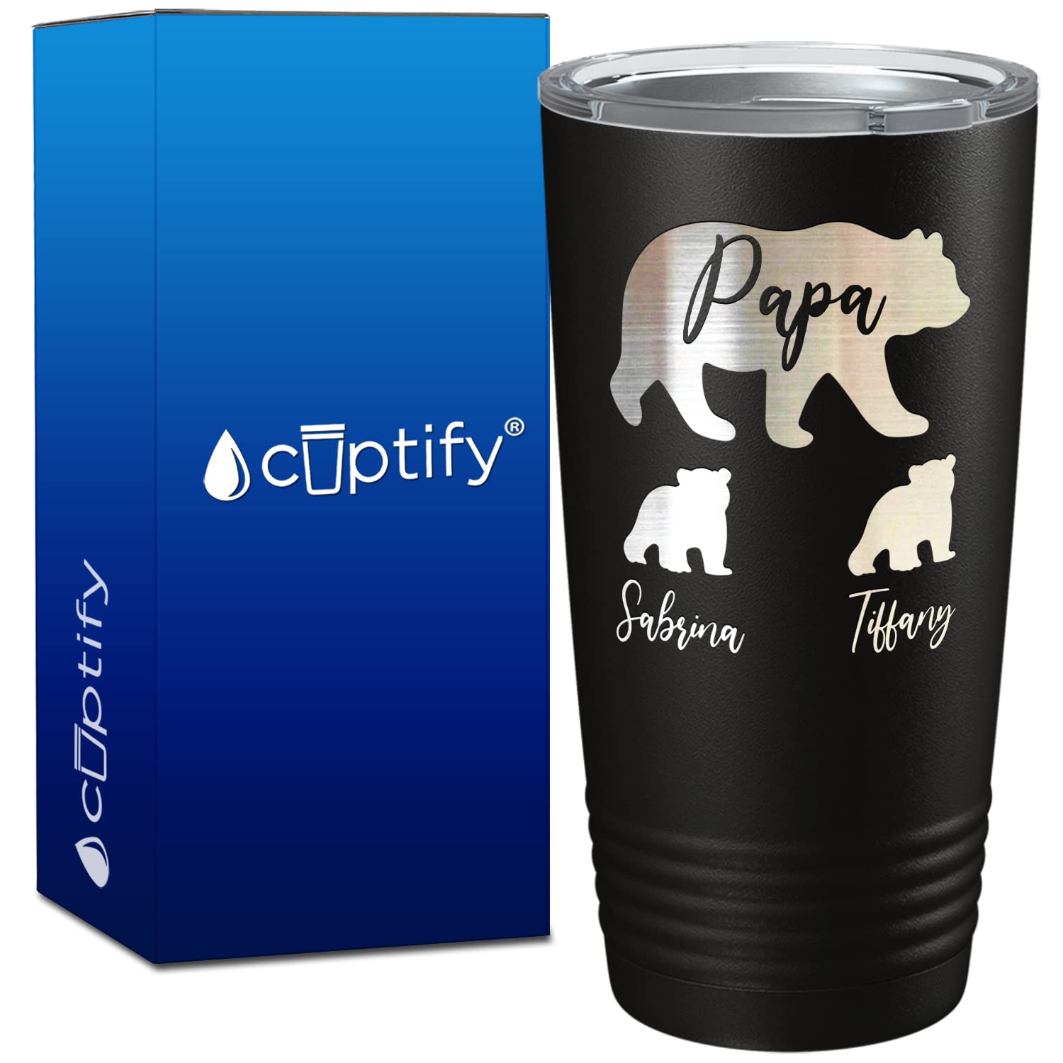 Papa Bear Tumbler Personalized Engraved Cubs on Black Matte 20 oz Custom Insulated Stainless Steel Cup with Lid for Dad Father Gift