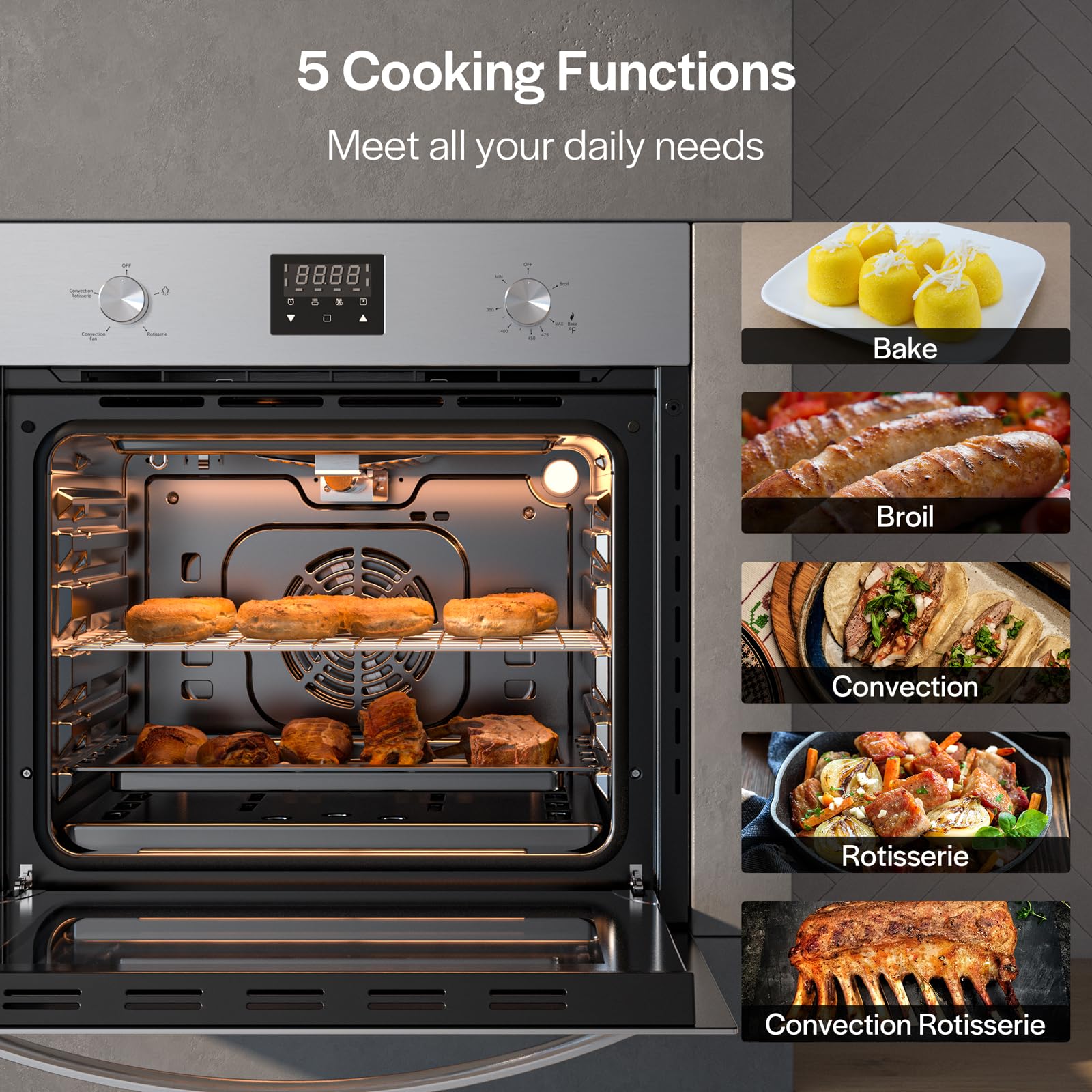 Empava 24" Single Gas Wall Oven Bake Broil Rotisserie Functions with Digital Timer and Convection Fan in Stainless Steel