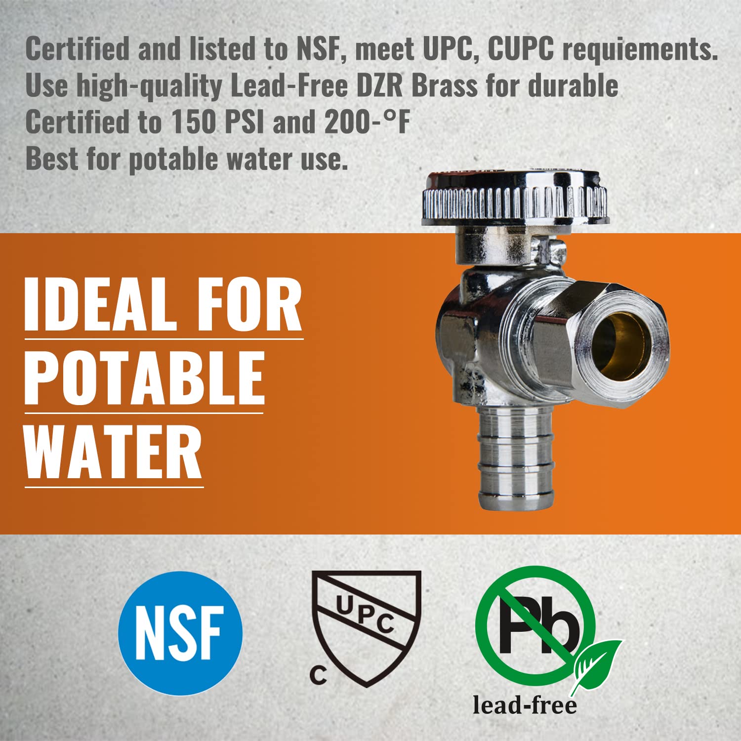SUNGATOR 6-Pack Angle Stop Valve, 1/2" PEX x 3/8" OD Compression, Quarter Turn Chrome Plated, 1/2 inch Pex Shut Off Valves for Faucet and Toilet, UPC Certified