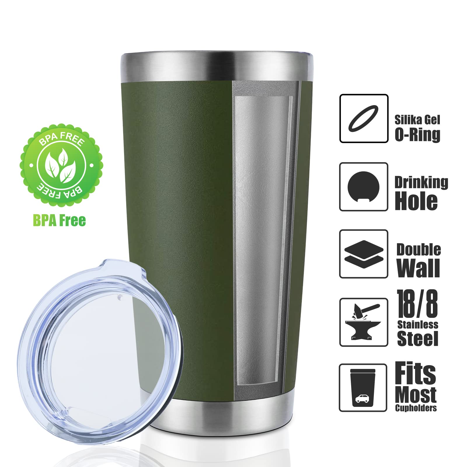 DOMICARE 20oz Stainless Steel Tumbler Bulk with Lid, Double Wall Vacuum Insulated Travel Mug, Powder Coated Coffee Cup, Army Green, 1 Pack
