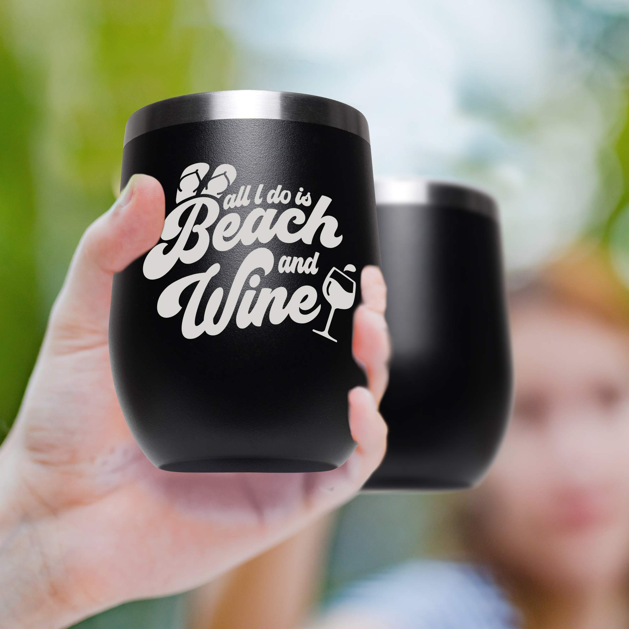Chris's Stuff 12 oz Wine Tumbler - Iced Coffee Mug with Splash-Proof Lid Stainless Steel Double Wall Vacuum Insulated with Inner Layer Copper Keep Drinks Cold/Hot - Quote: Beach and Wine (Black)