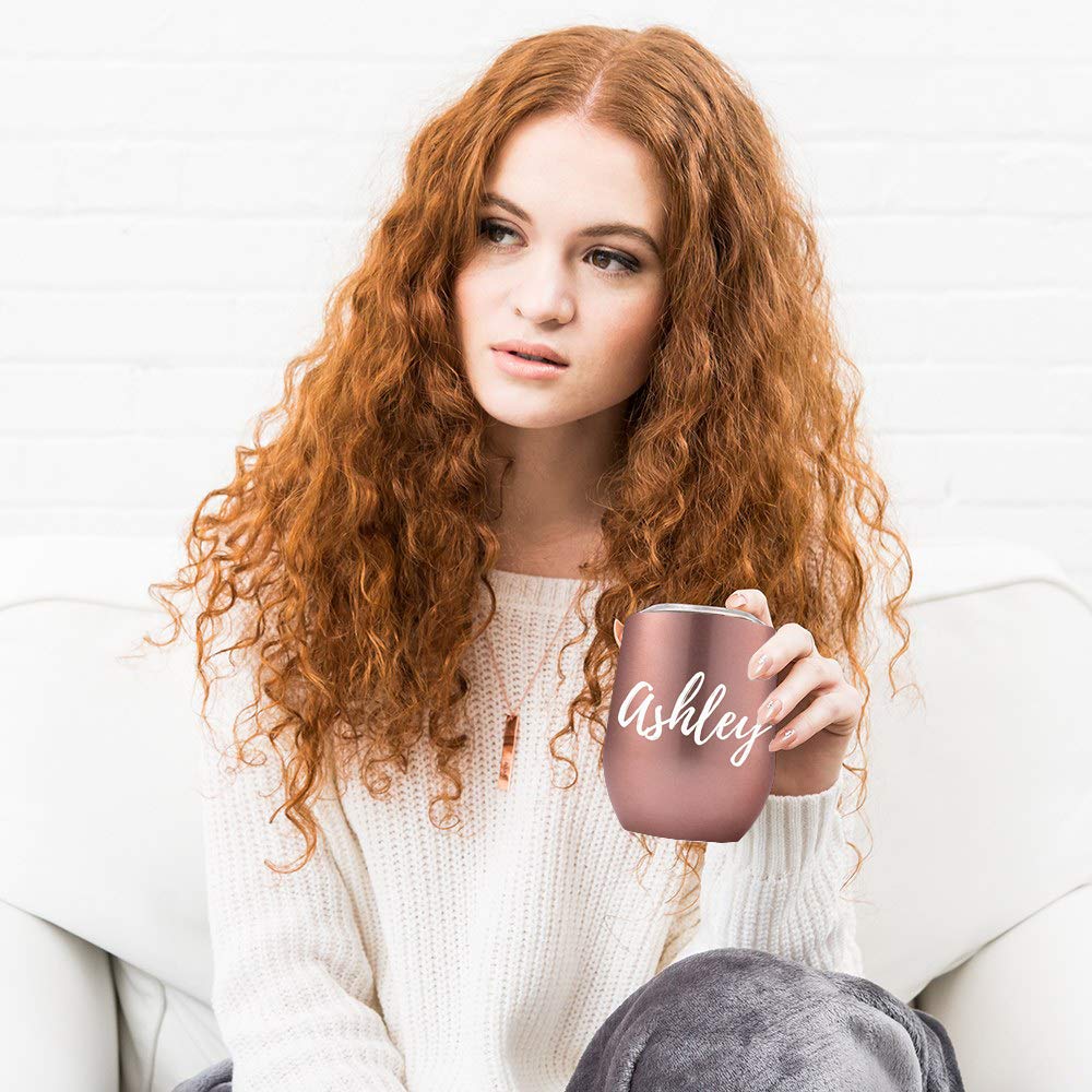 WEDDINGSTAR Personalized Stemless Travel Tumbler 12oz β Insulated Stainless Steel Wine Glass with Lid - Calligraphy - Black