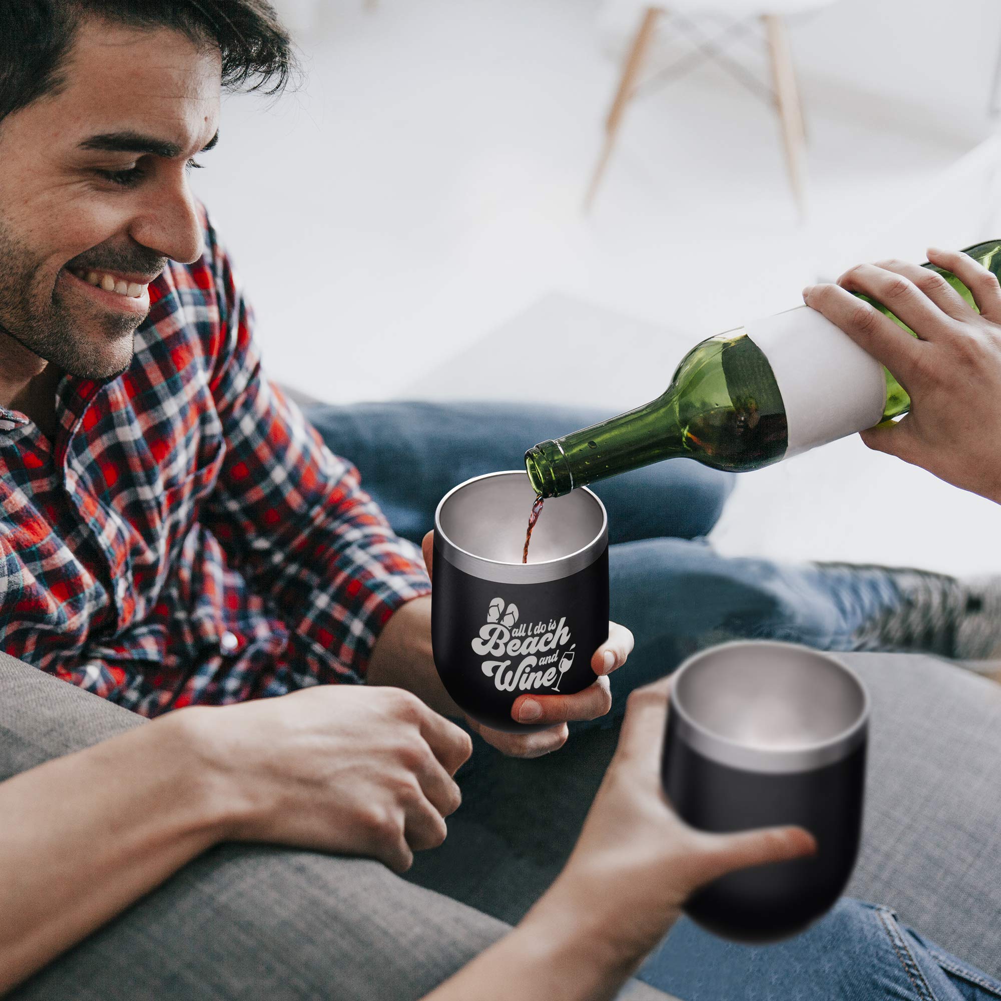 Chris's Stuff 12 oz Wine Tumbler - Iced Coffee Mug with Splash-Proof Lid Stainless Steel Double Wall Vacuum Insulated with Inner Layer Copper Keep Drinks Cold/Hot - Quote: Beach and Wine (Black)