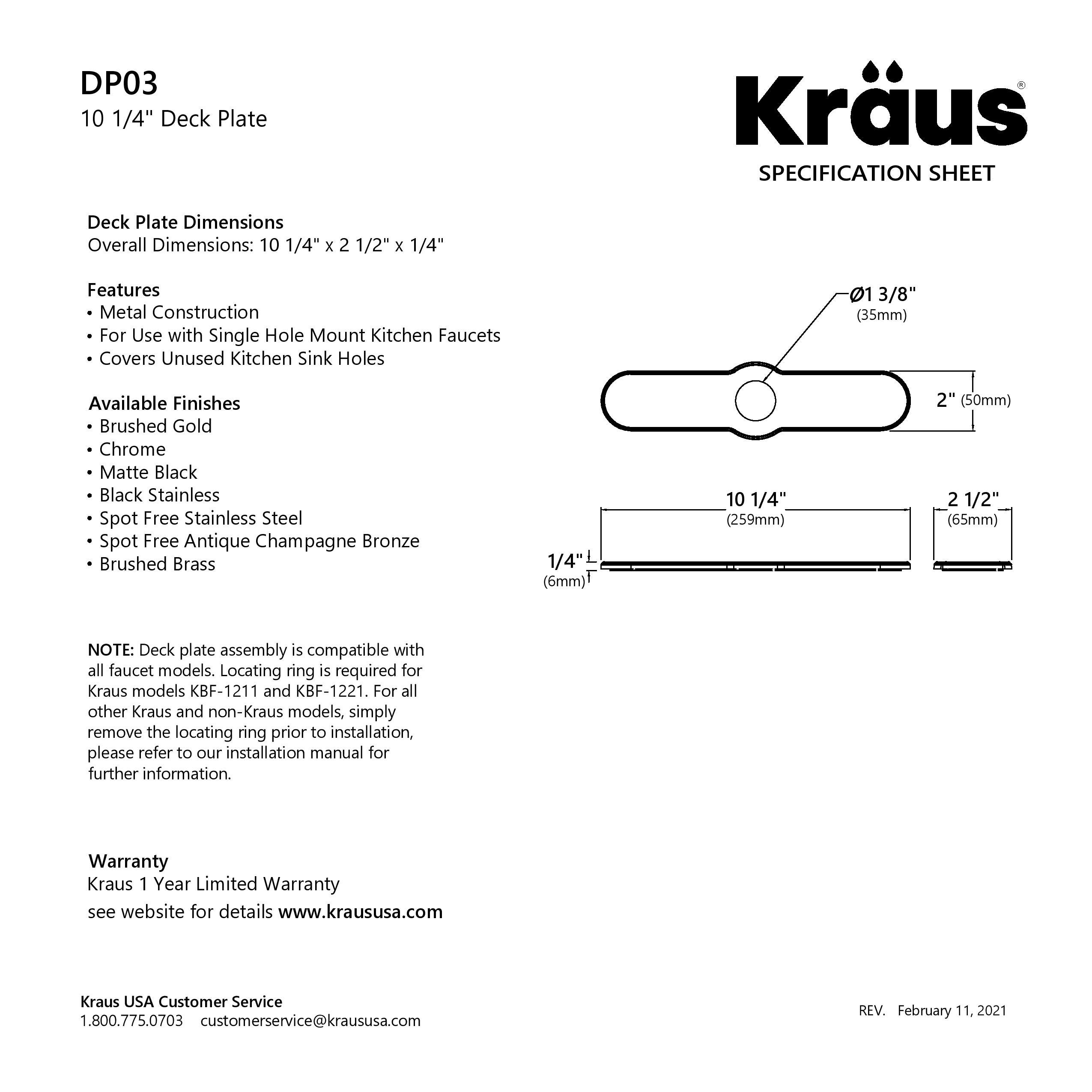 KRAUS Deck Plate for Kitchen Faucet in Brushed Gold, DP03BG