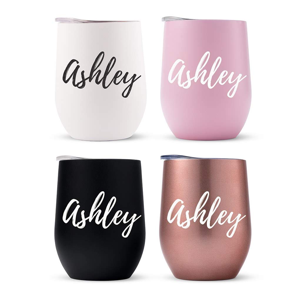 WEDDINGSTAR Personalized Stemless Travel Tumbler 12oz β Insulated Stainless Steel Wine Glass with Lid - Calligraphy - Black