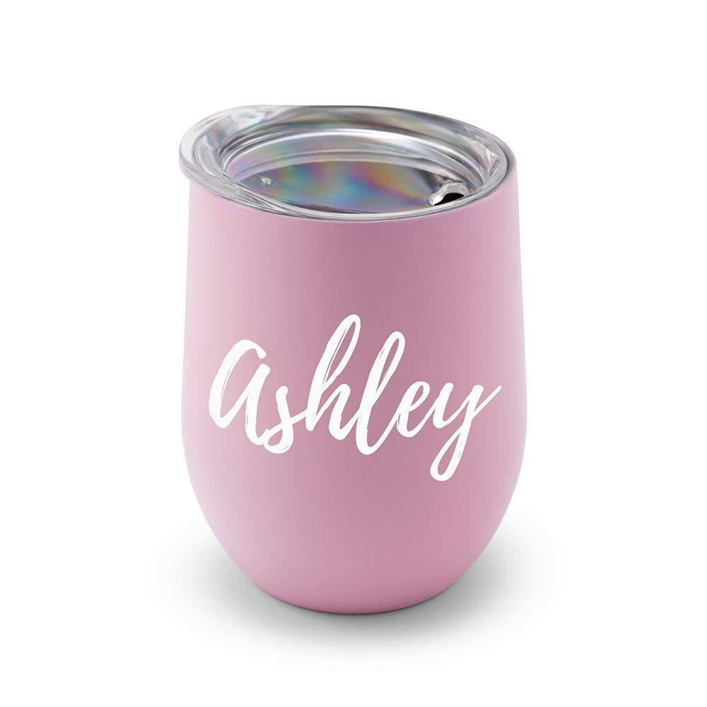 WEDDINGSTAR Personalized Stemless Travel Tumbler 12oz β Insulated Stainless Steel Wine Glass with Lid - Calligraphy - Black