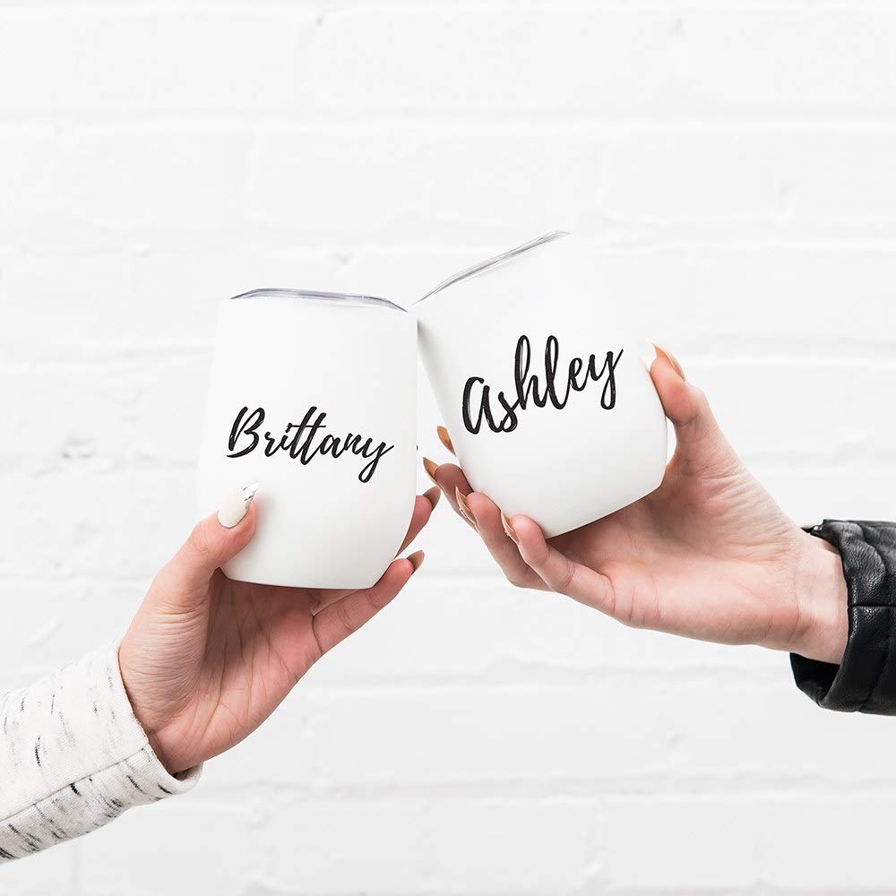 WEDDINGSTAR Personalized Stemless Travel Tumbler 12oz β Insulated Stainless Steel Wine Glass with Lid - Calligraphy - Black