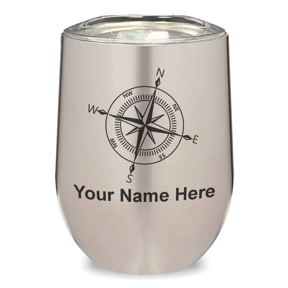 LaserGram Double Wall Stainless Steel Wine Glass Tumbler, Compass Rose, Personalized Engraving Included (Stainless Steel)