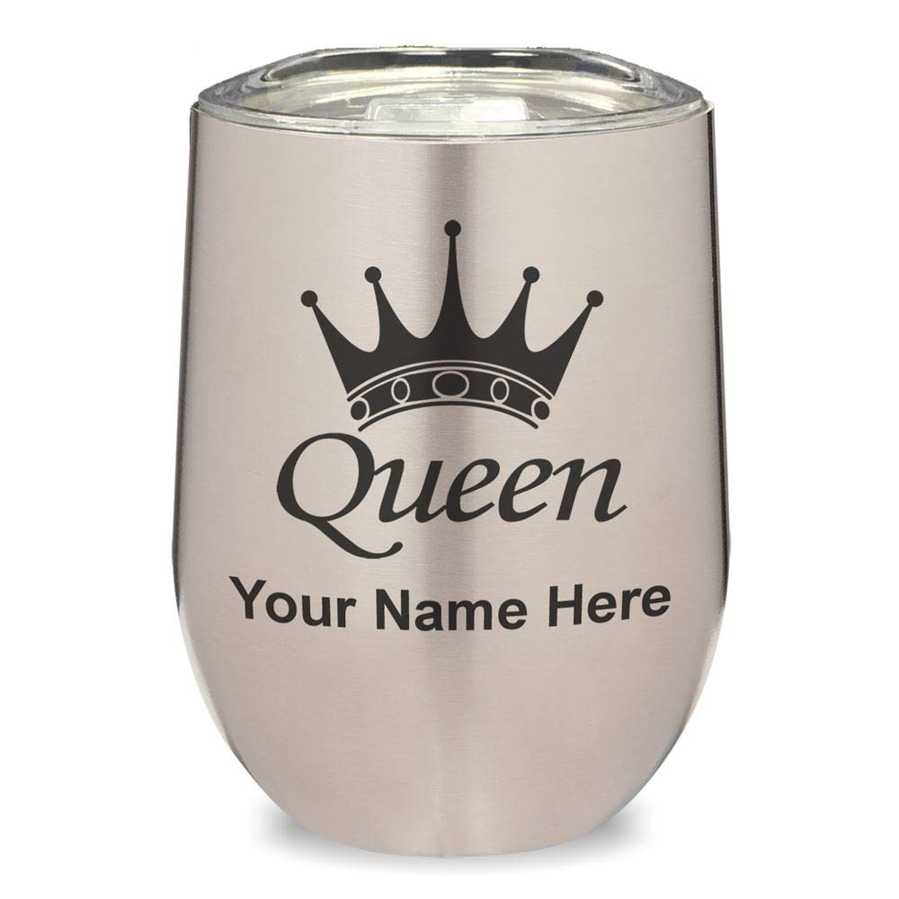 LaserGram Double Wall Stainless Steel Wine Glass Tumbler, Queen Crown, Personalized Engraving Included (Stainless Steel)