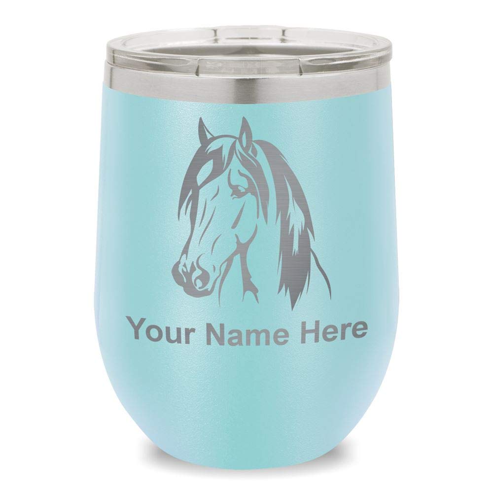 LaserGram Double Wall Stainless Steel Wine Glass Tumbler, Horse Head 1, Personalized Engraving Included (Light Blue)