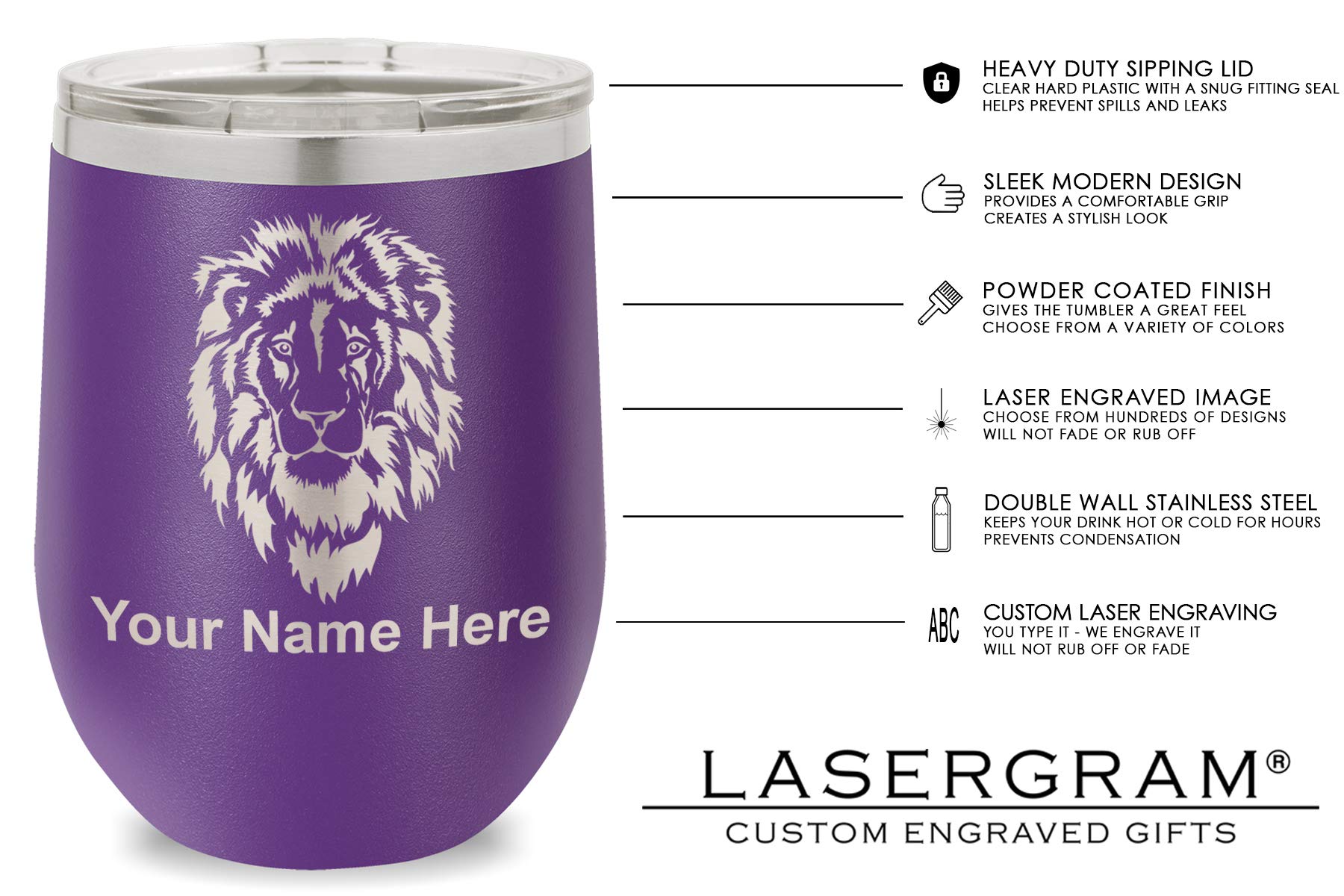 LaserGram Double Wall Stainless Steel Wine Glass Tumbler, Queen Crown, Personalized Engraving Included (Dark Purple)
