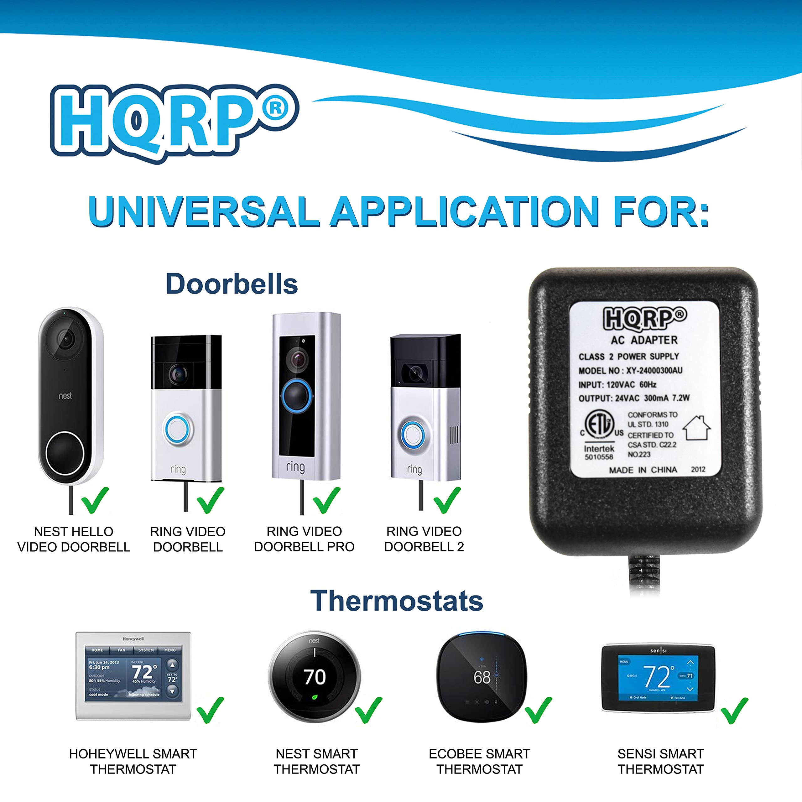 HQRP 24V AC Adapter Transformer Works with All Versions of Ring Doorbell, Nest Ecobee Sensi Honeywell Thermostat C-Wire, 25ft Cable