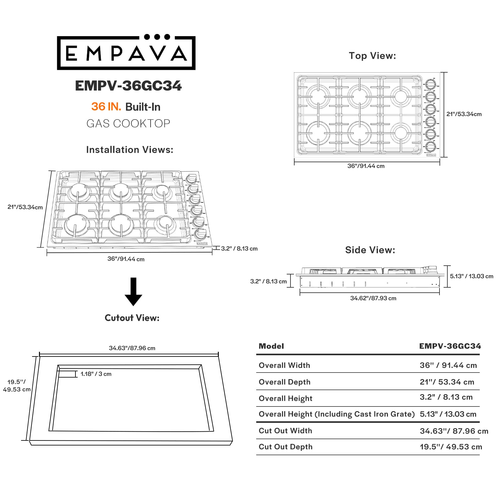 Empava 36 in. Gas Stove Cooktop 5 Italy Sabaf Sealed Burners NG/LPG Convertible in Stainless Steel, 36in