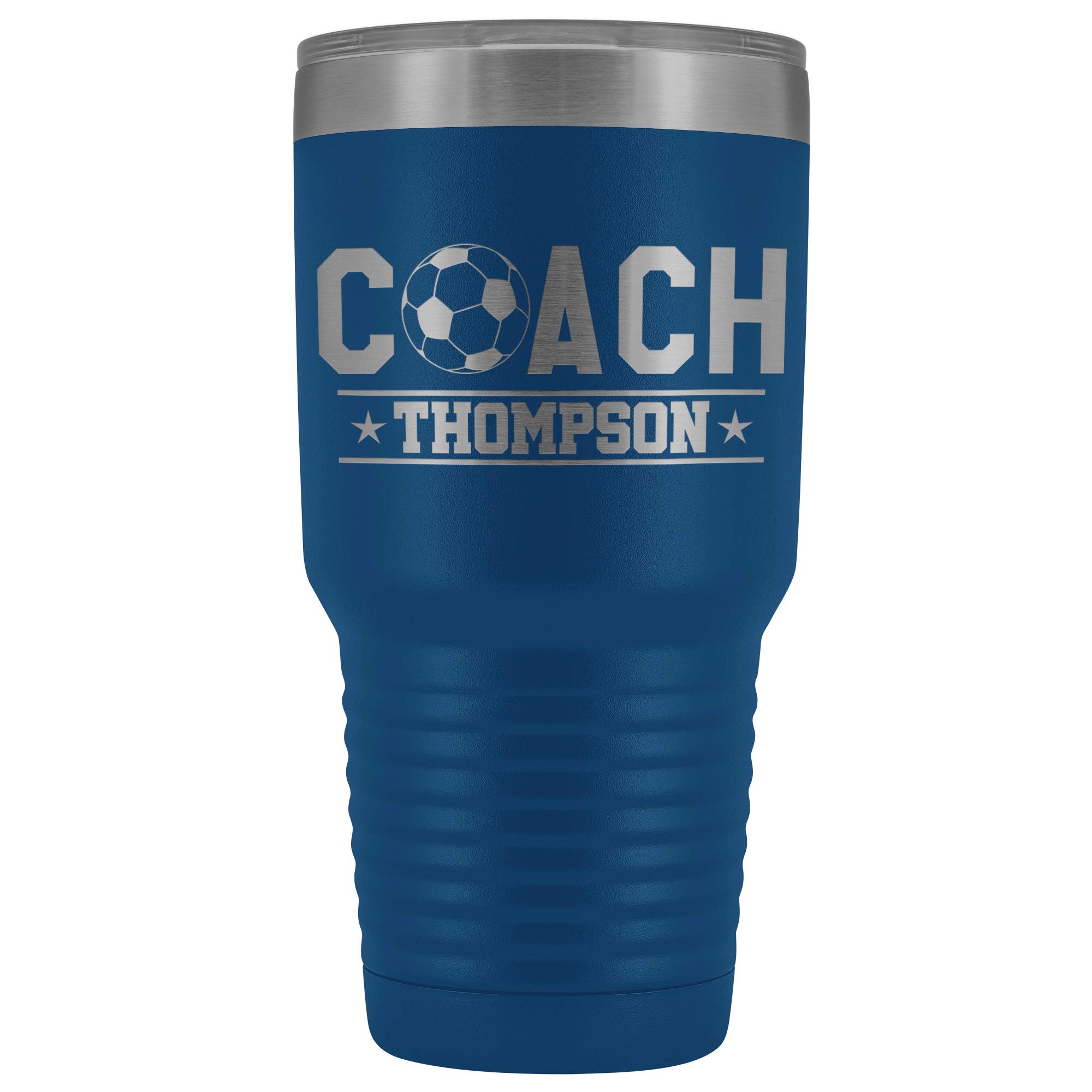 Personalized Soccer Coach Tumbler Cup With Coach Name - Customized Soccer Coach Gift - Custom Soccer Coach Travel Mug - Blue