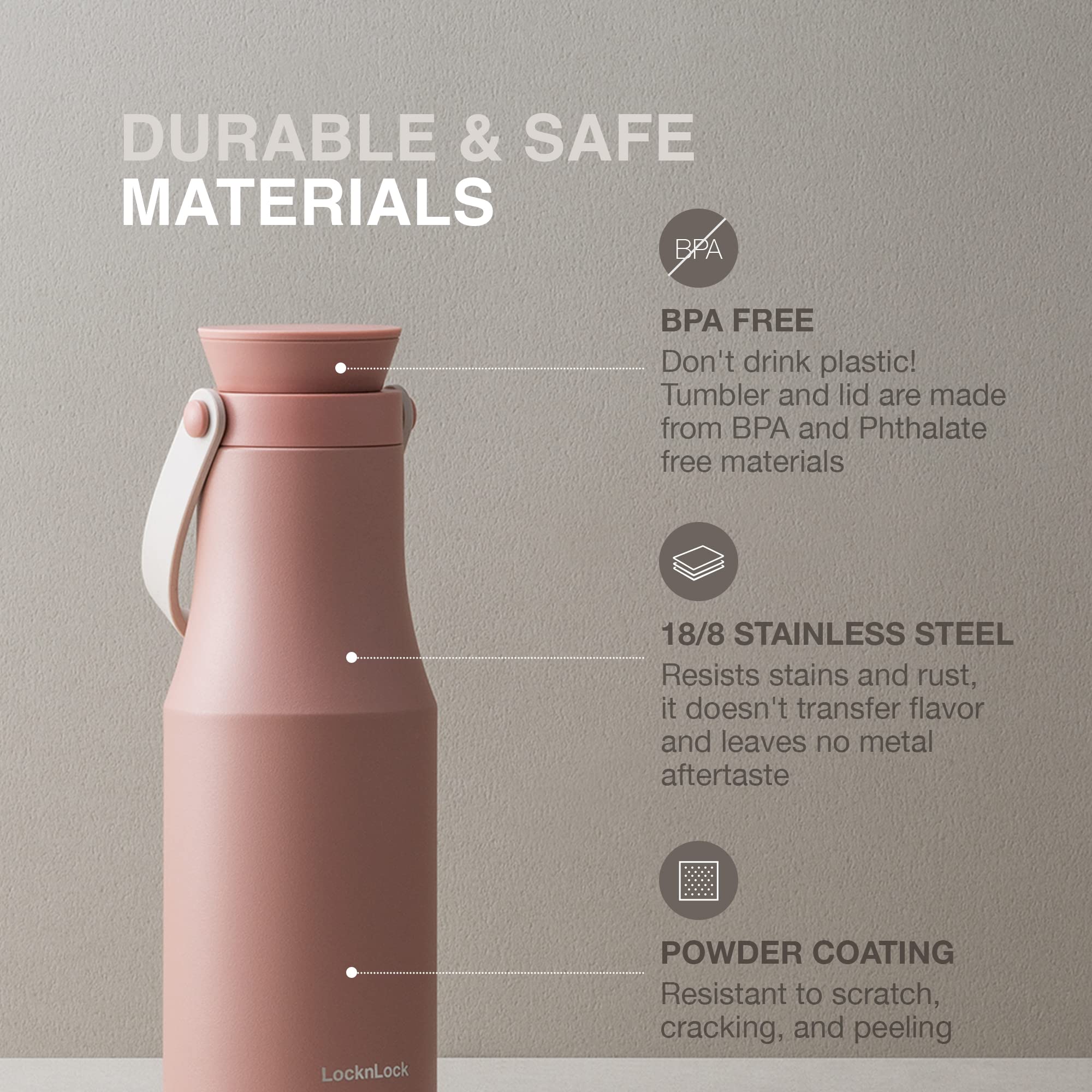 LocknLock Metro Bottle Double-Wall Insulated Stainless Steel with Silicone Handle, 16 oz, Pink