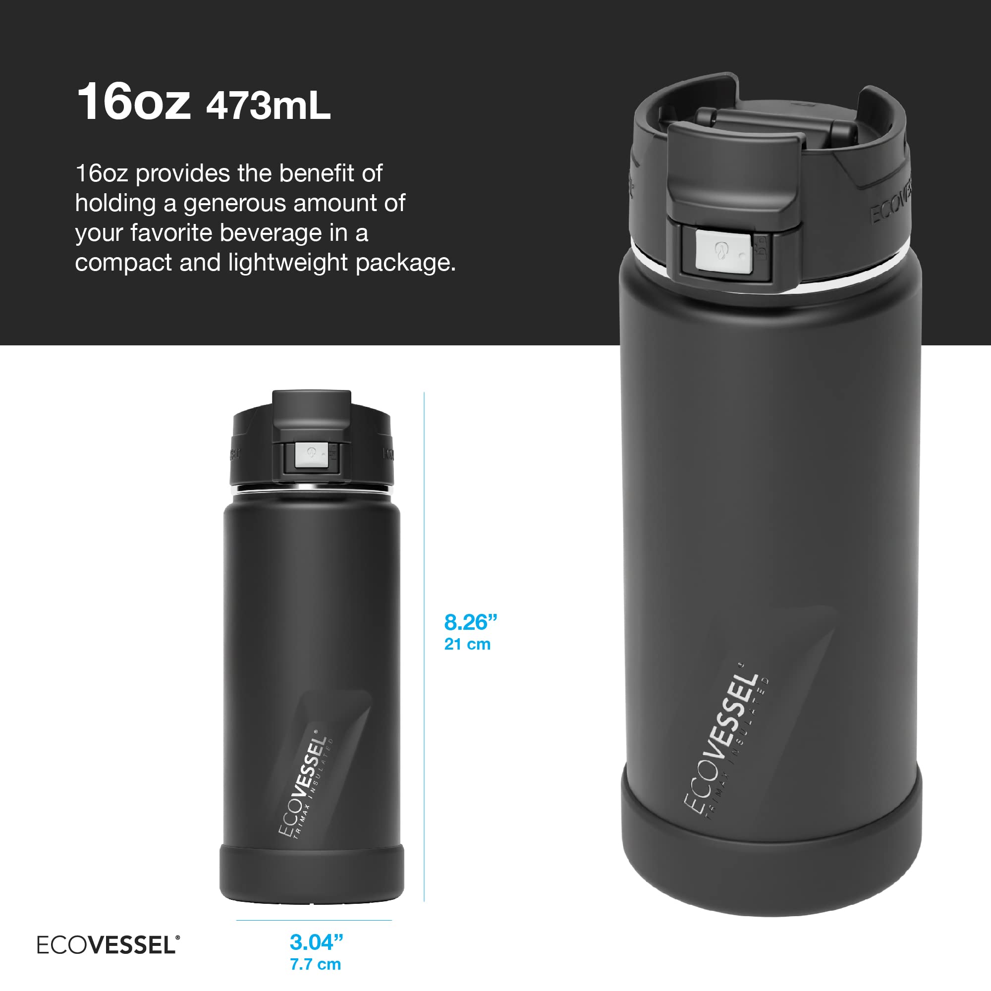 EcoVessel PERK Trimax Vacuum Insulated Stainless Steel Travel Bottle for Coffee & Tea with Push Button Locking Top Coffee Tumbler Travel Mug β 16oz (Black Shadow)