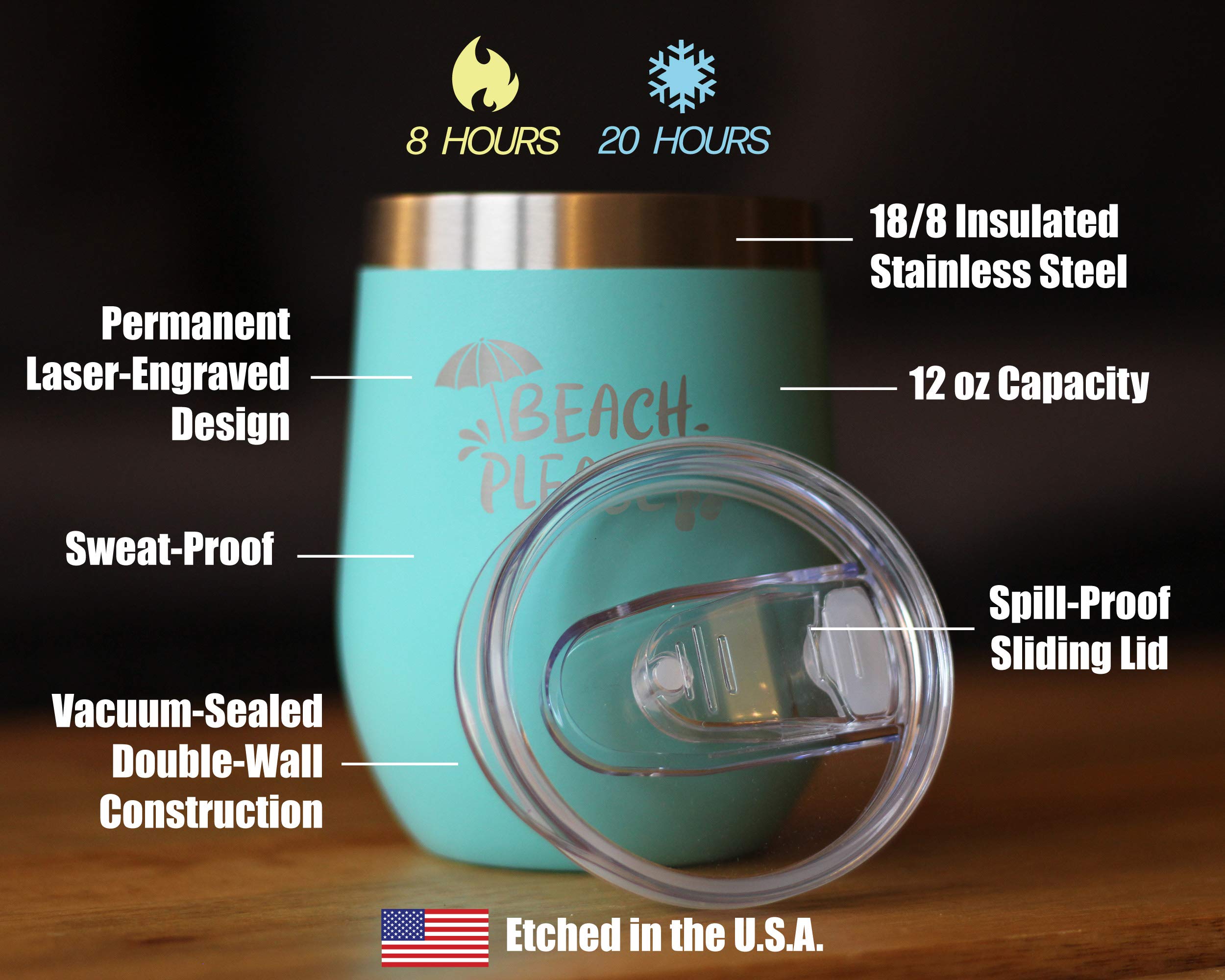 Beach Please - Travel Wine Tumbler with Sliding Lid - Stemless Stainless Steel Insulated Cup - Cute Funny Outdoor Camping Item - Teal