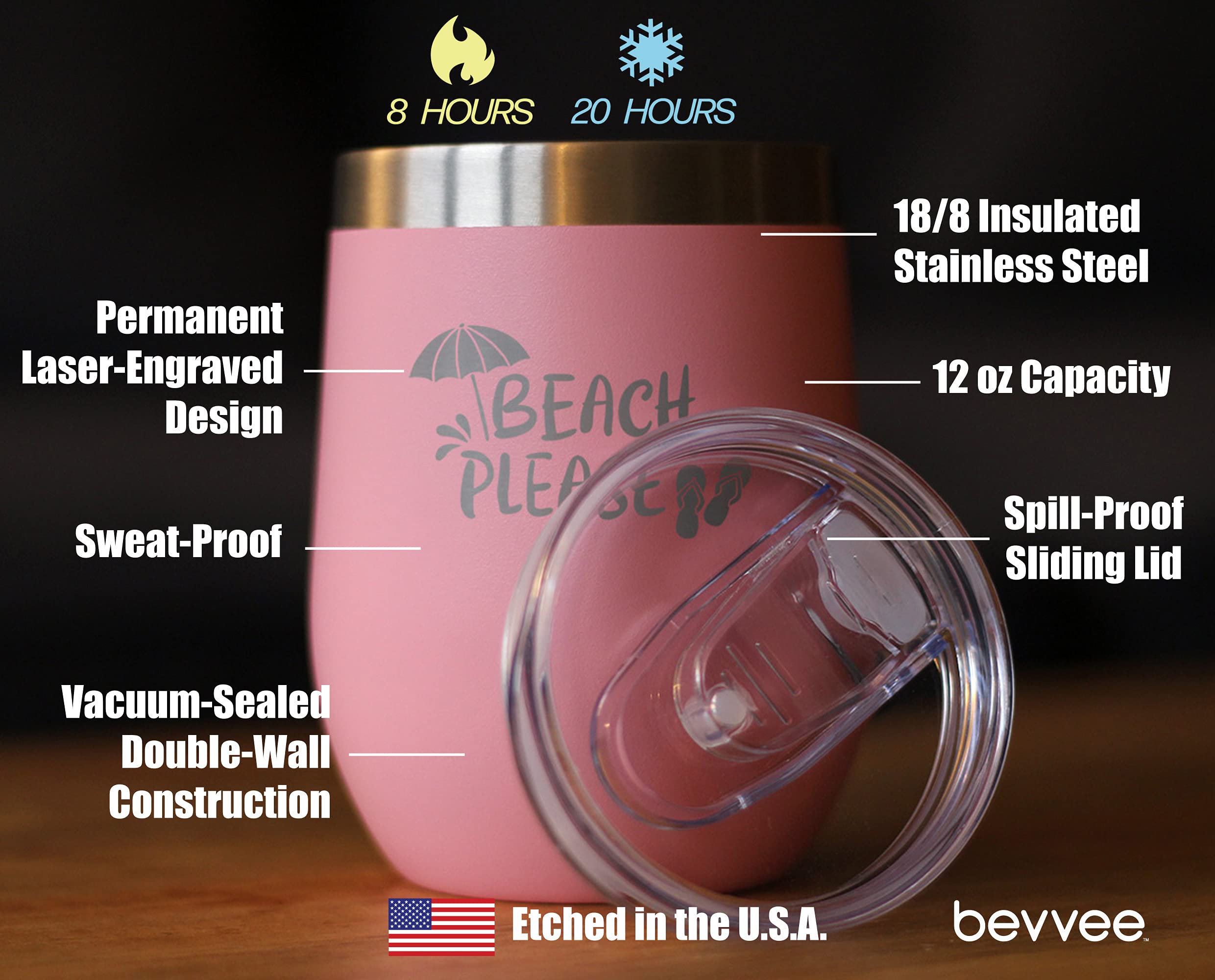 Beach Please - Travel Wine Tumbler with Sliding Lid - Stemless Stainless Steel Insulated Cup - Cute Funny Outdoor Camping Gift - Pink