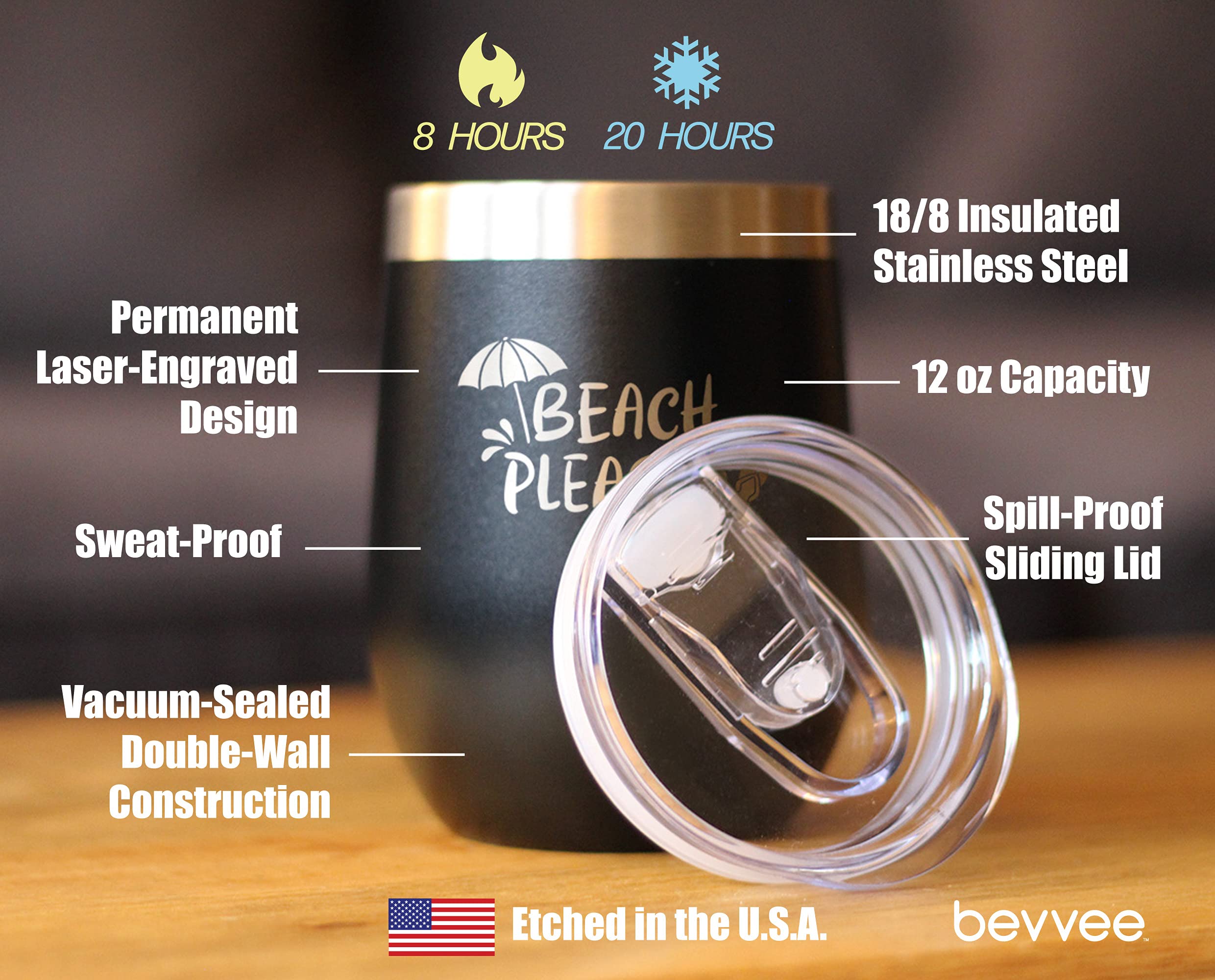 Beach Please - Travel Wine Tumbler with Sliding Lid - Stemless Stainless Steel Insulated Cup - Cute Funny Outdoor Camping Gift - Black