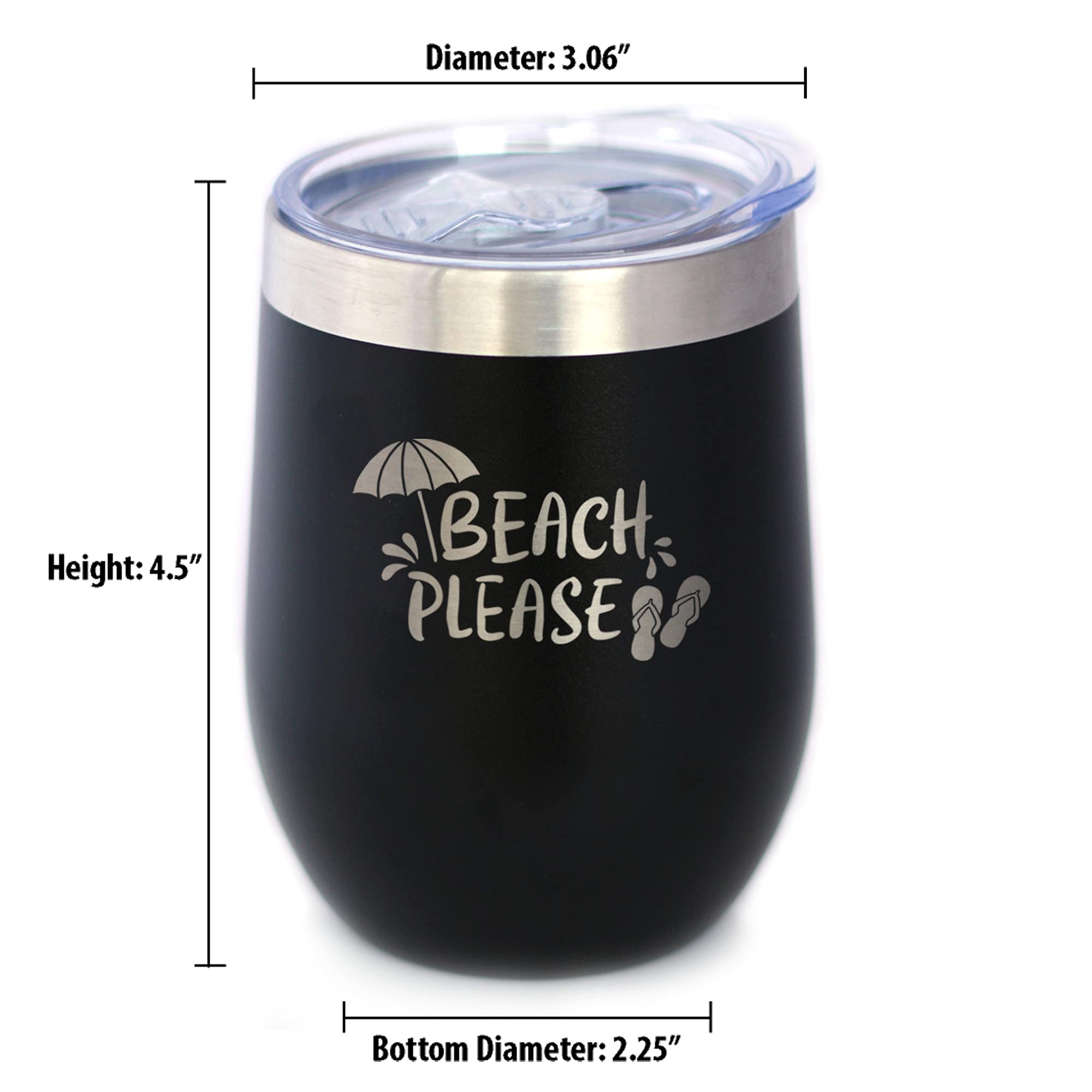 Beach Please - Travel Wine Tumbler with Sliding Lid - Stemless Stainless Steel Insulated Cup - Cute Funny Outdoor Camping Gift - Black