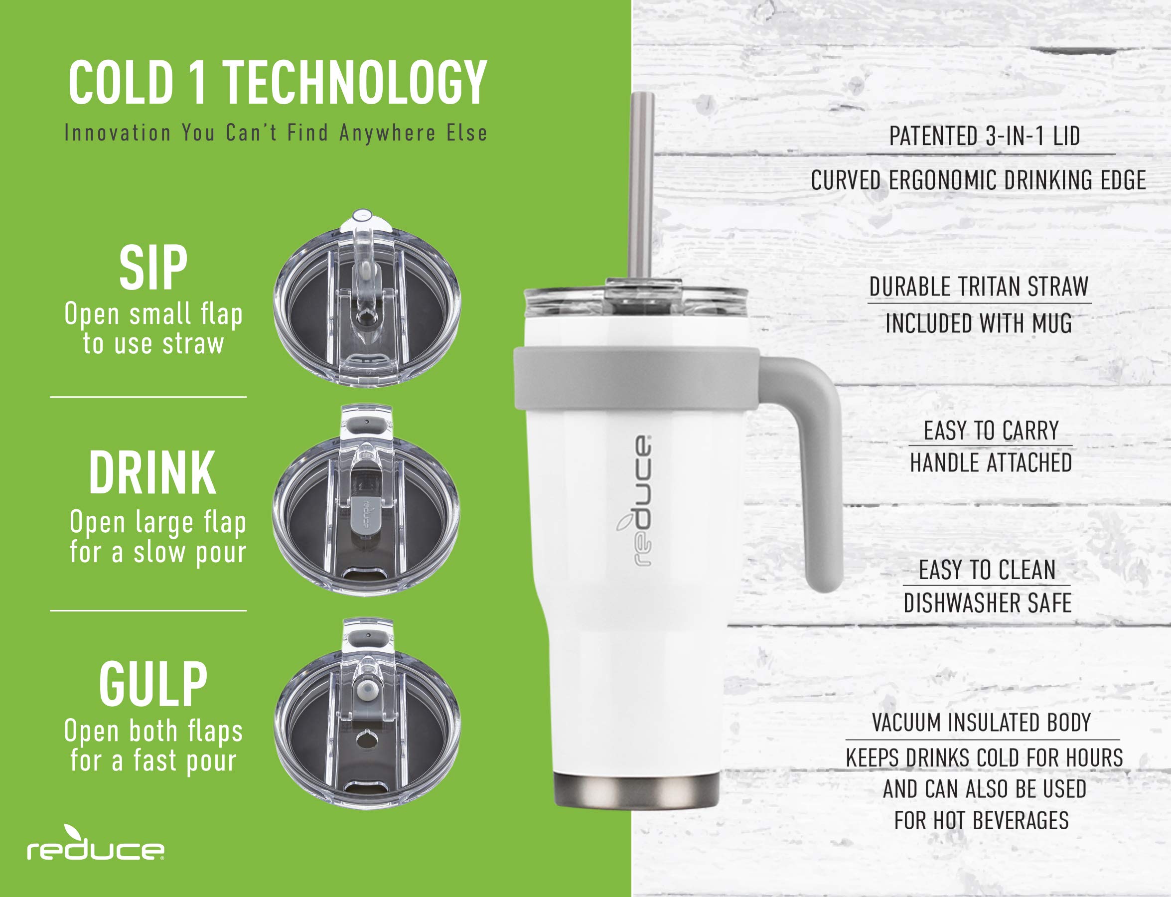 Reduce Tumbler – 24oz COLD 1 Mug With Lid, Straw and Handle – 24 Hours Cold – Easy-Hold Handle, Vacuum Insulated, Sweat-Proof Body – Cupholder Friendly Insulated Mug – White Gloss