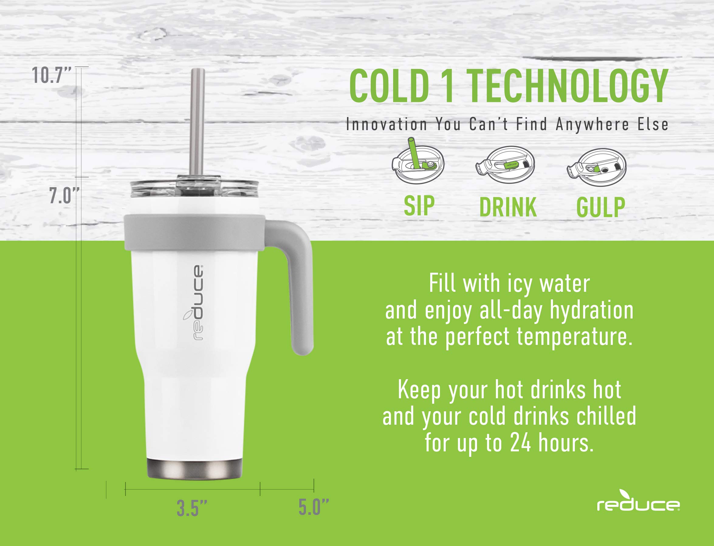 Reduce Tumbler – 24oz COLD 1 Mug With Lid, Straw and Handle – 24 Hours Cold – Easy-Hold Handle, Vacuum Insulated, Sweat-Proof Body – Cupholder Friendly Insulated Mug – White Gloss