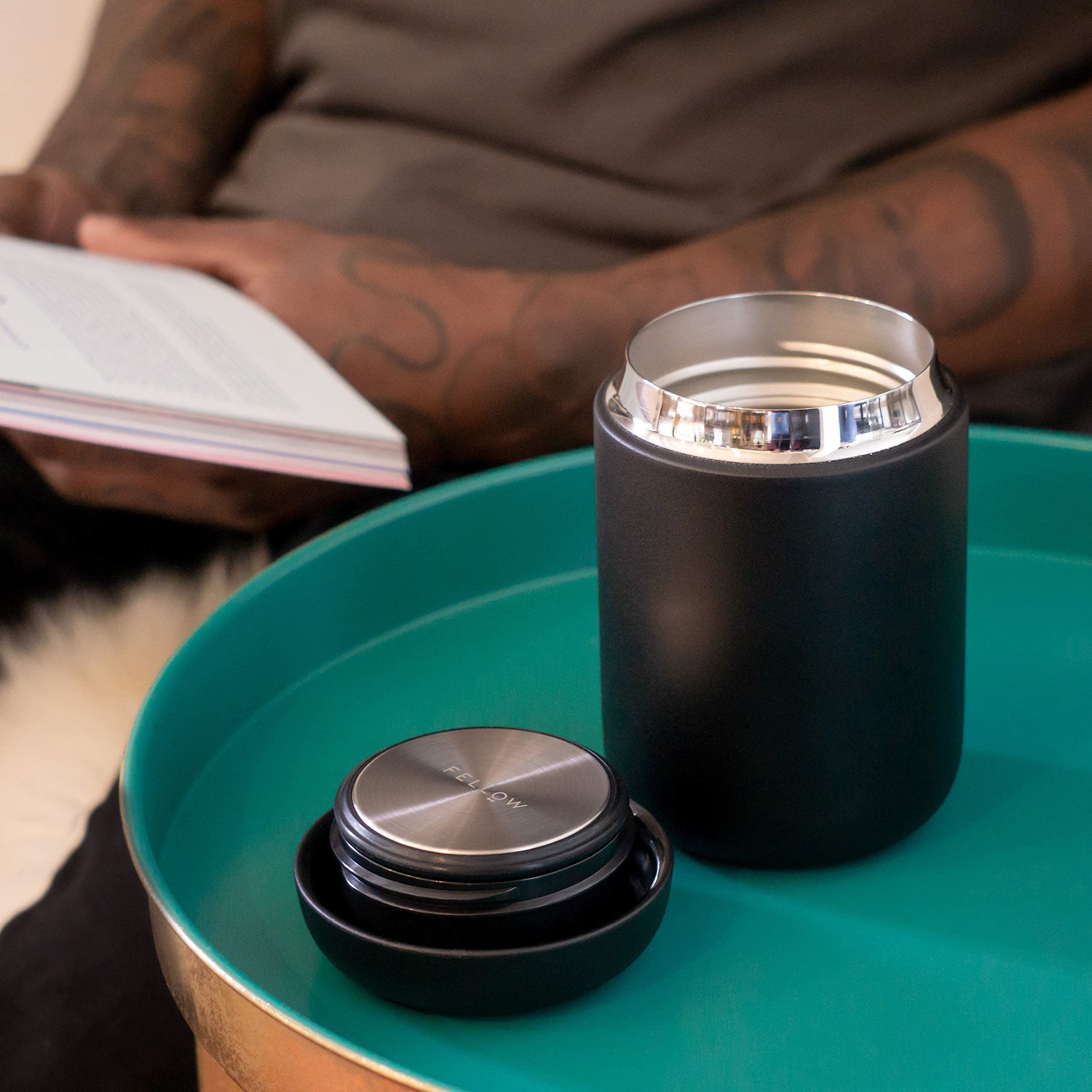 Fellow 12 oz Carter Wide Travel Mug - Wide Mouth Vacuum-Insulated Stainless Steel Coffee Mug - Tea and Coffee Tumbler with Ceramic Interior - Matte Black