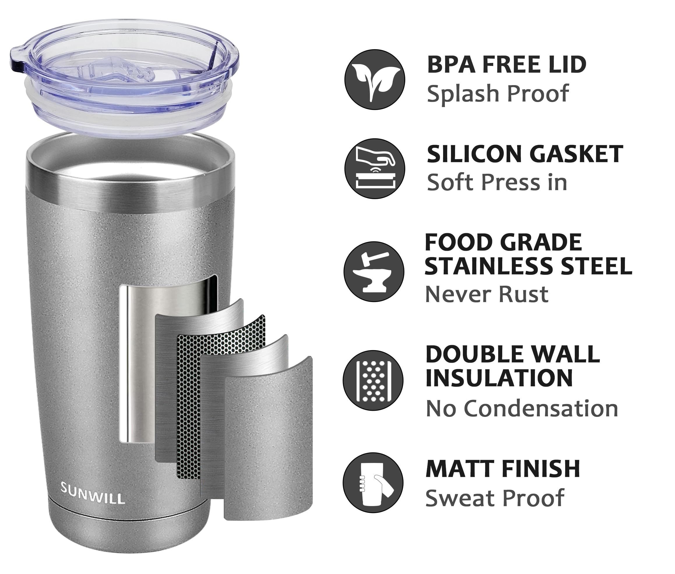 SUNWILL Travel Coffee Tumbler 20 oz, Insulated Mug with Lid, Stainless Steel Cup for Hot and Cold Drinks, Cool Grey