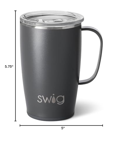 Swig Life 18oz Travel Mug, Insulated Tumbler with Handle and Lid, Cup Holder Friendly, Dishwasher Safe, Stainless Steel, Travel Coffee Cup (Grey)