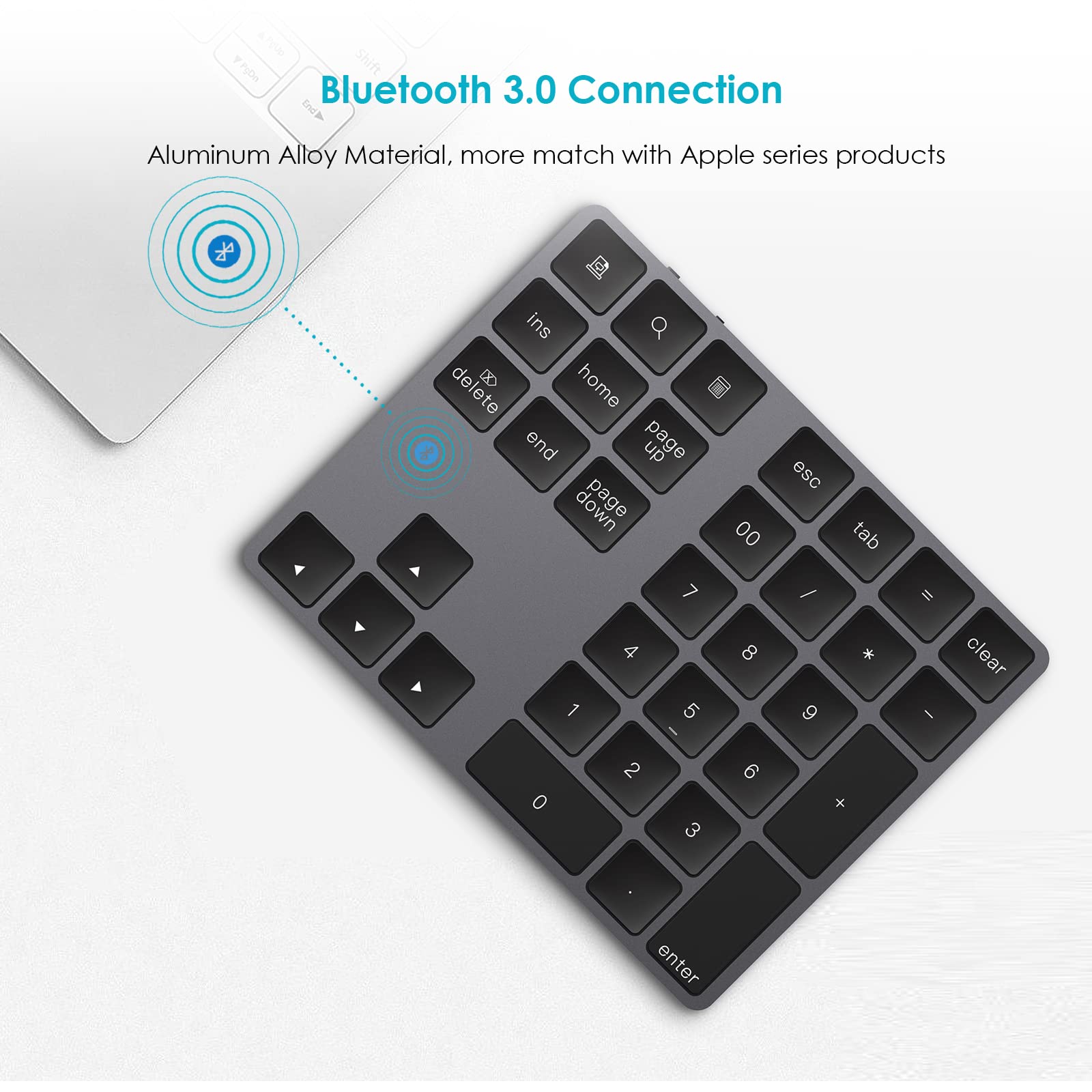 IKOS Bluetooth Number Pad, 34-Key Wireless Portable External Bluetooth Numeric Keypad with Multiple Shortcuts Compatible for Computer Laptop Windows Surface iMac MacBook Surface Pro (Black)