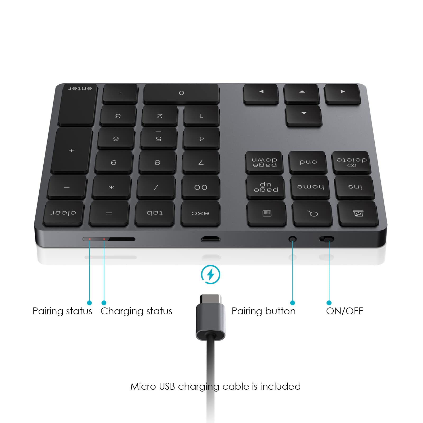 IKOS Bluetooth Number Pad, 34-Key Wireless Portable External Bluetooth Numeric Keypad with Multiple Shortcuts Compatible for Computer Laptop Windows Surface iMac MacBook Surface Pro (Black)